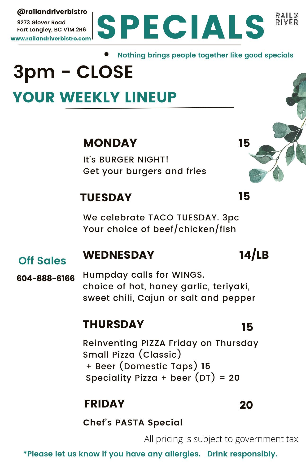 Food Menus | Rail and River Bistro | Fort Langley