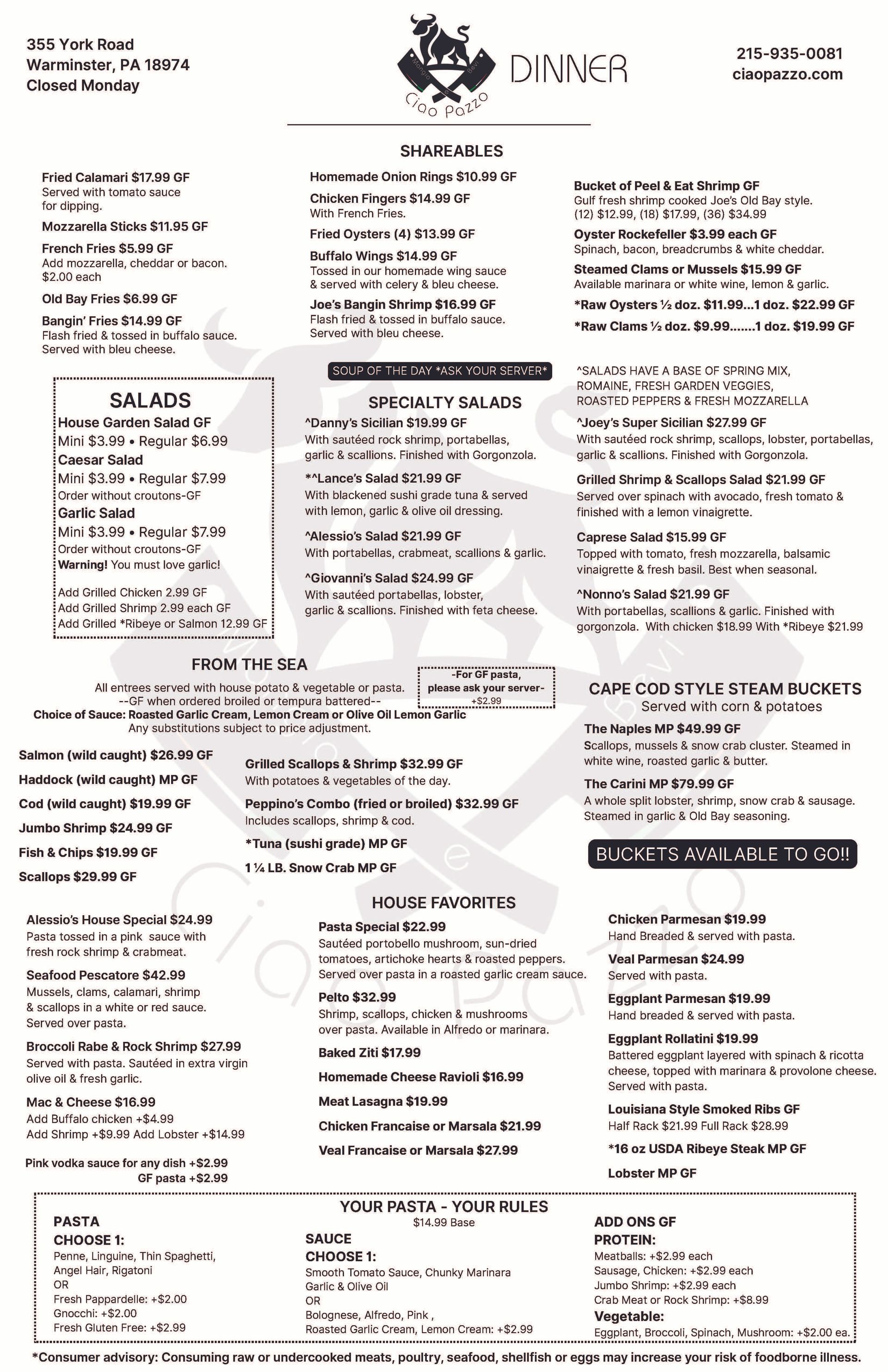 Dinner Menu | Ciao Pazzo