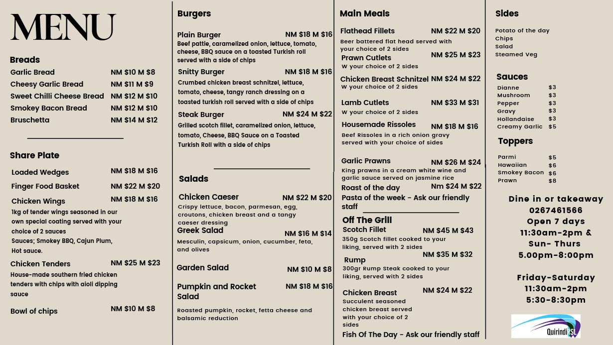 RSL Club Bistro Menu in Quirindi, NSW | Club Quirindi