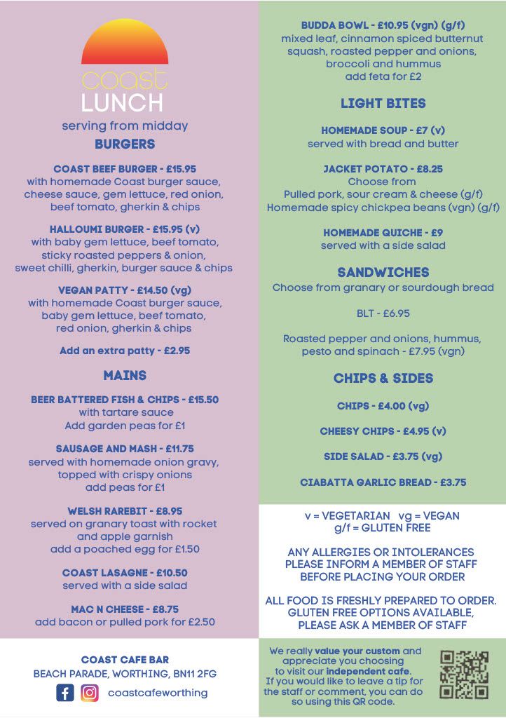 Delicious Menu | Coast Cafe Worthing