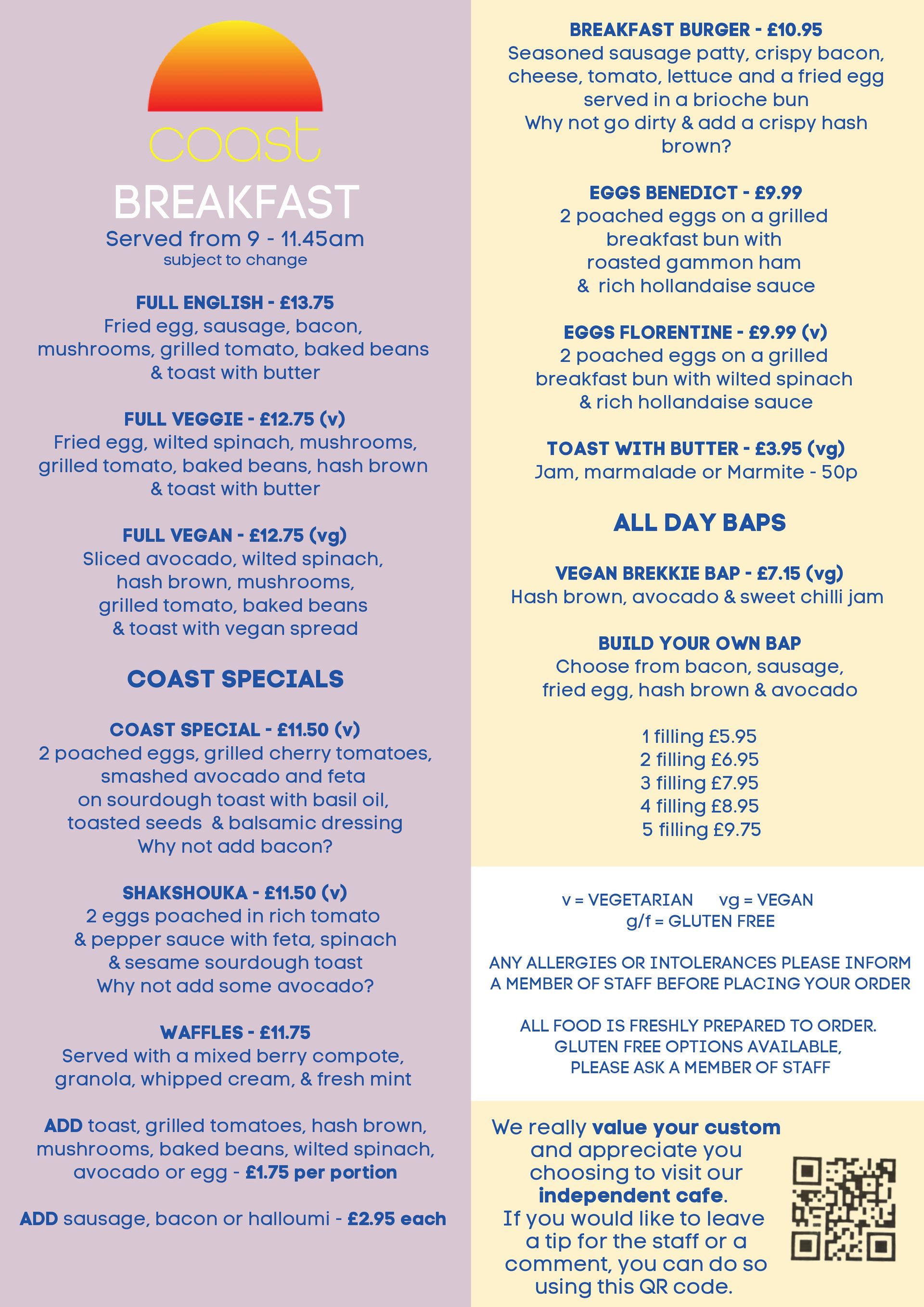 Delicious Menu | Coast Cafe Worthing