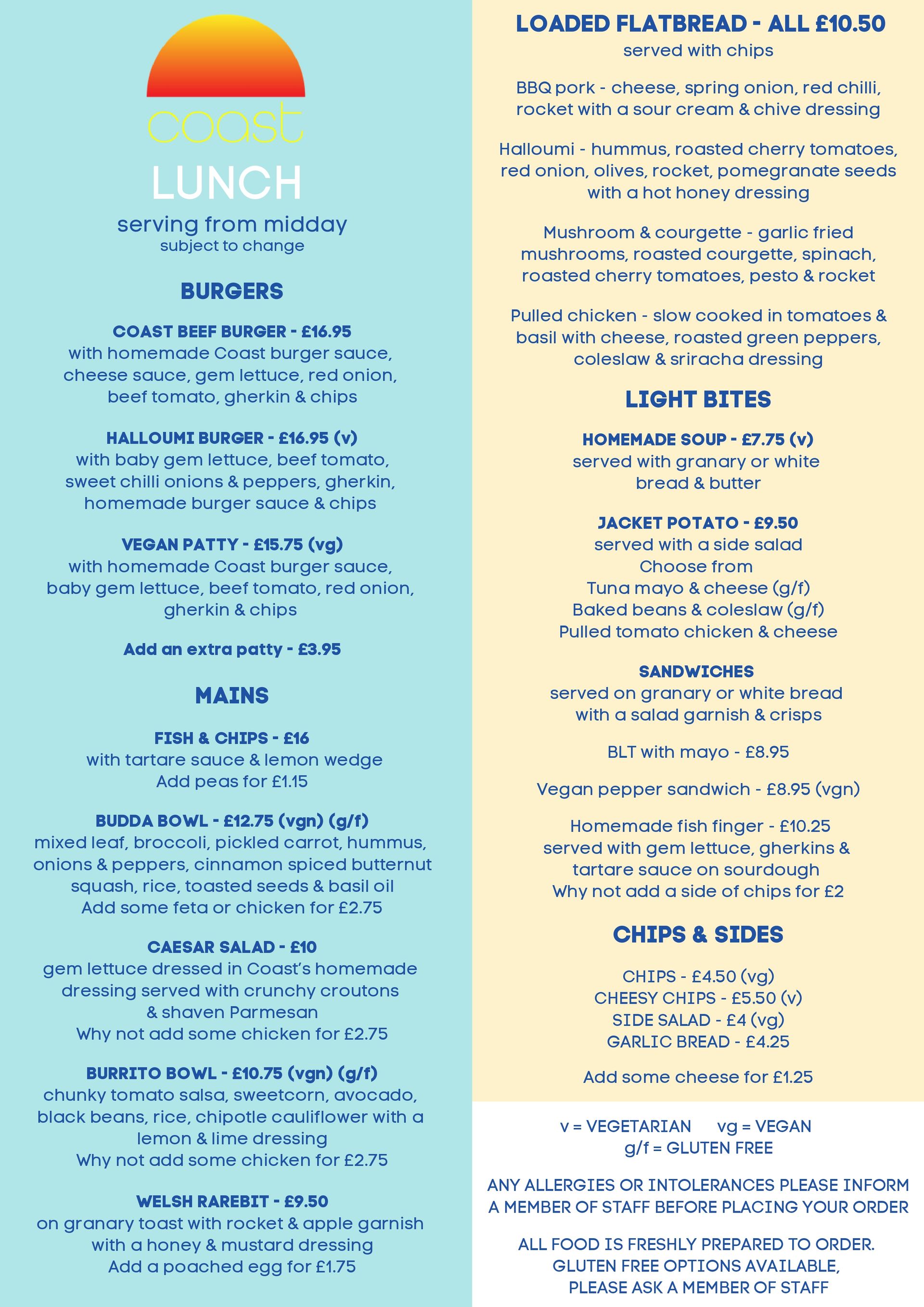 Delicious Menu | Coast Cafe Worthing