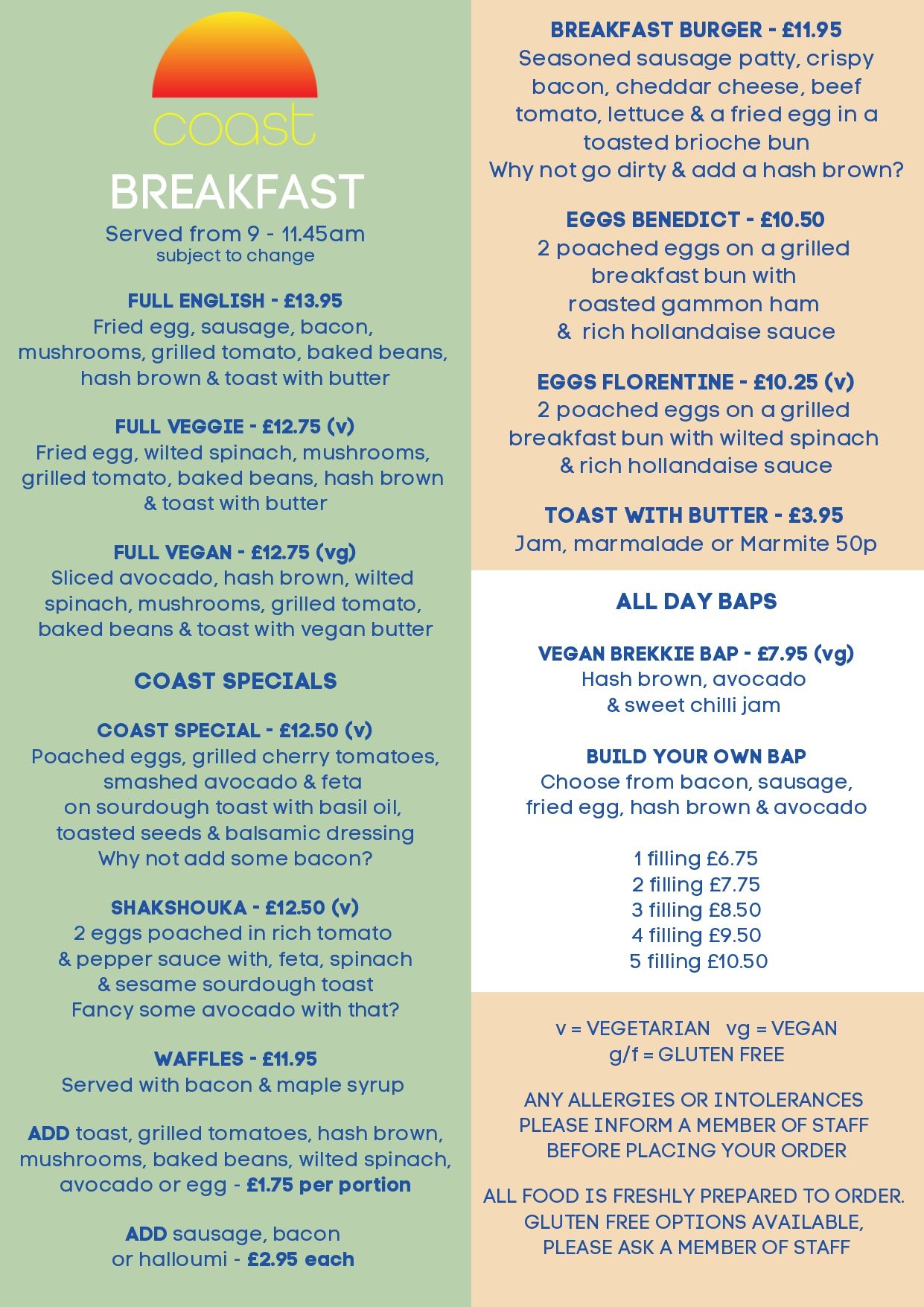 Delicious Menu | Coast Cafe Worthing
