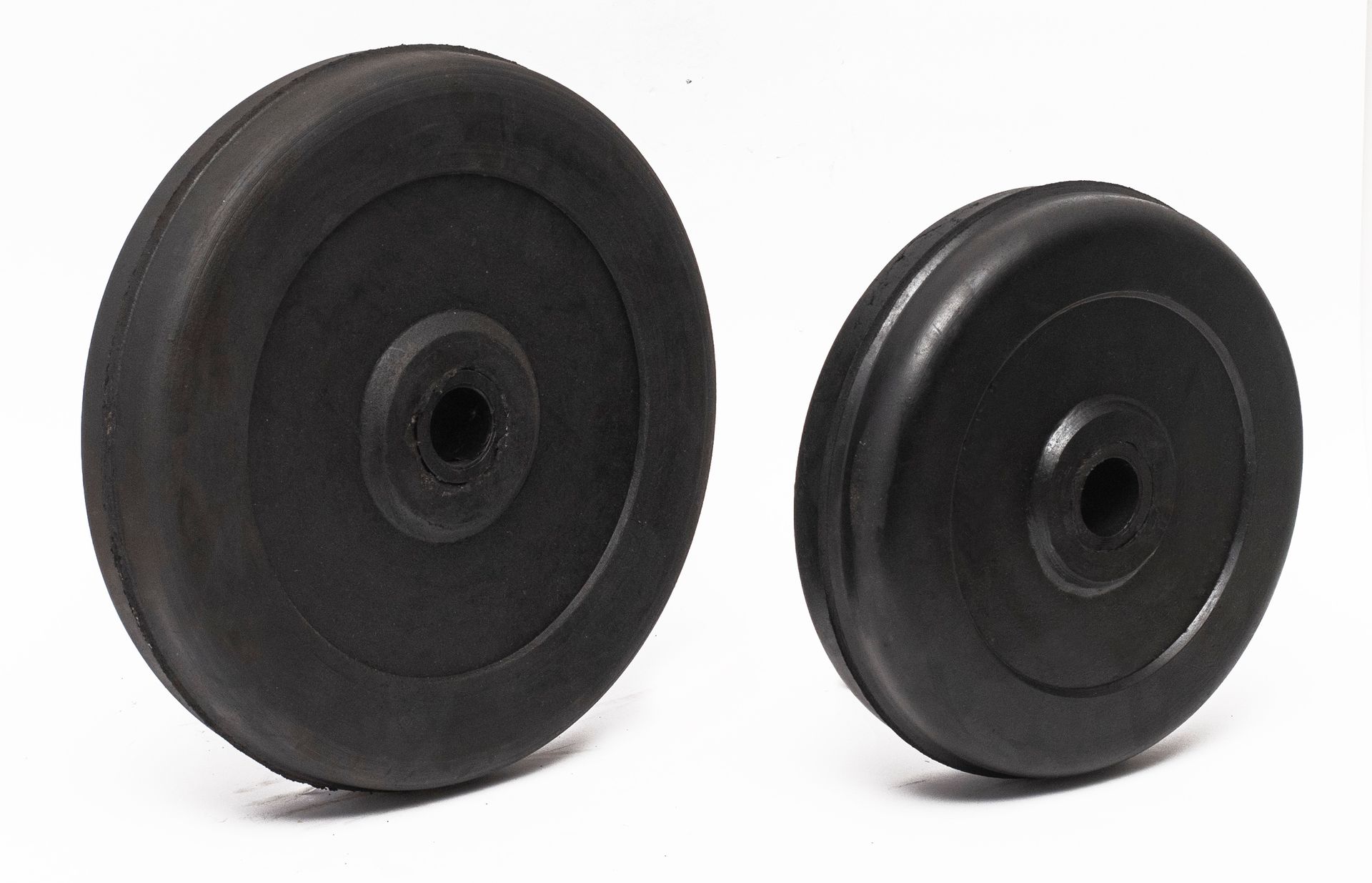 Plain bore solid rubber wheels.