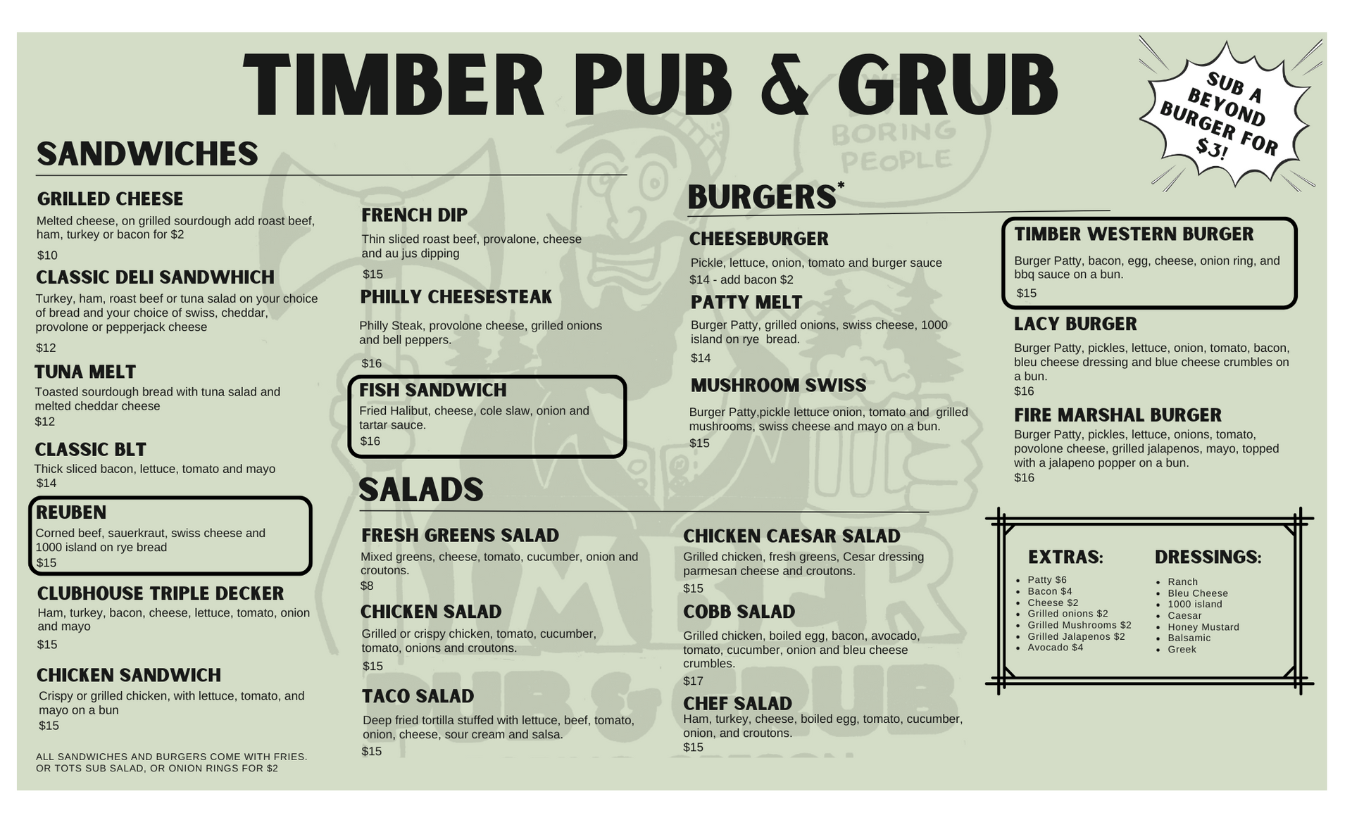 Sandwiches/Burgers/Salads Menu | Timber Pub & Grub