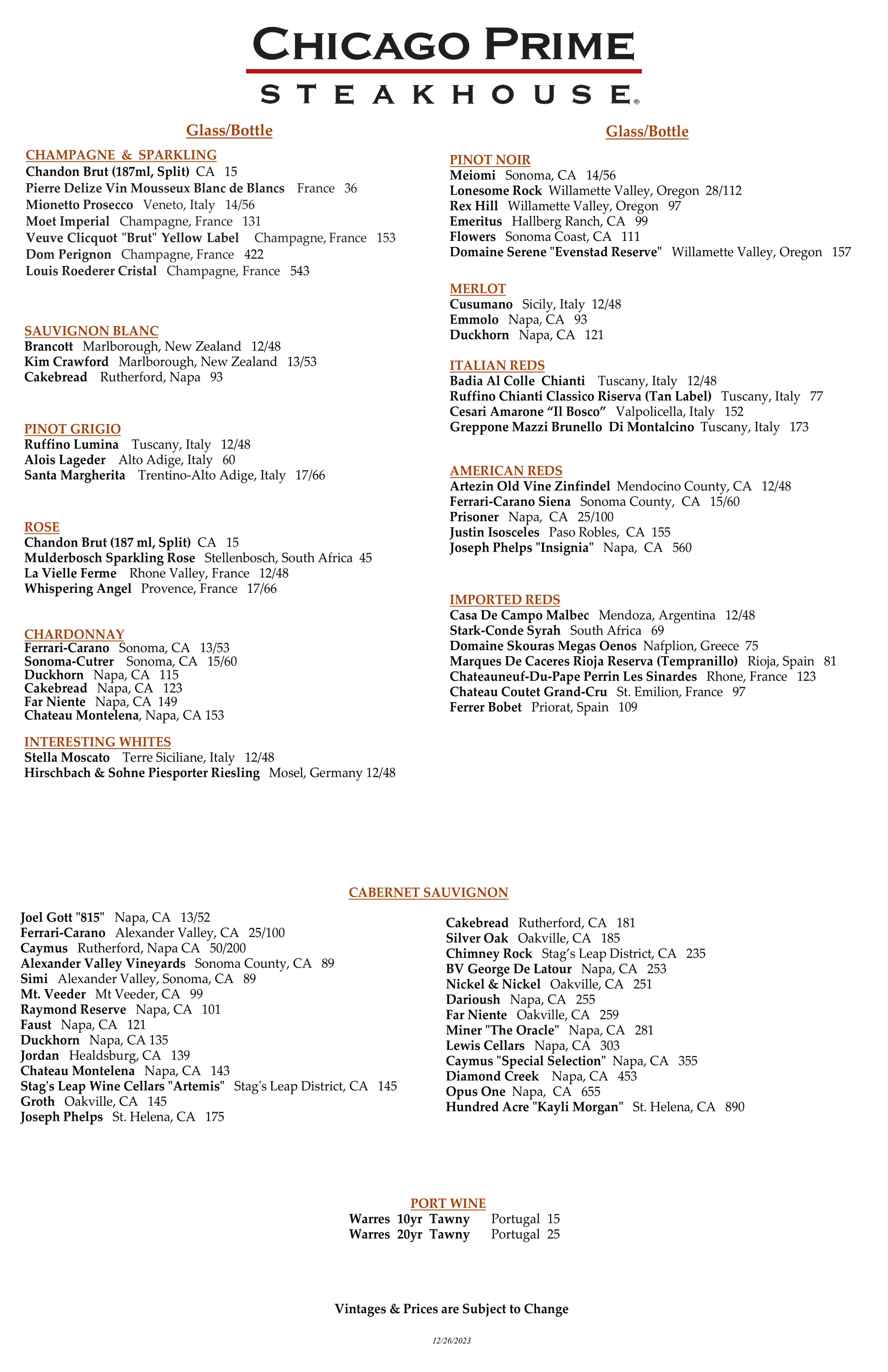 Menu | Chicago Prime Steakhouse