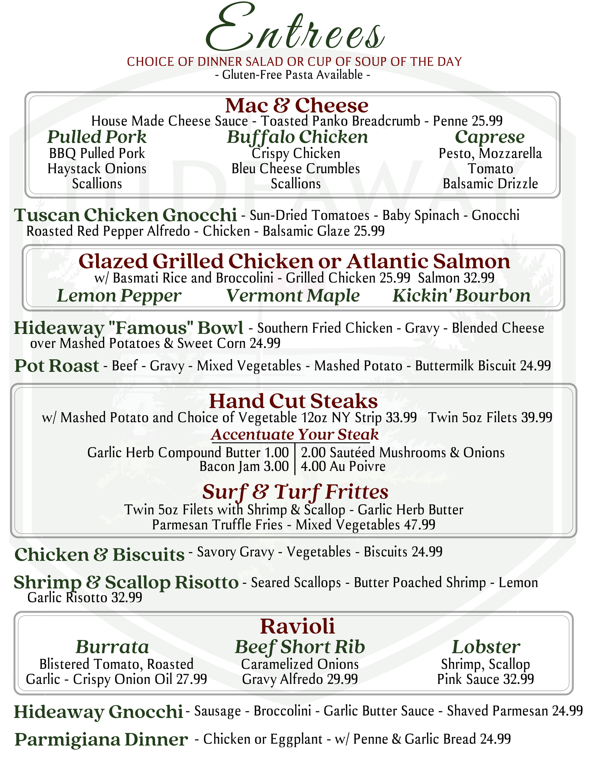 dinner Menu | The Hideaway