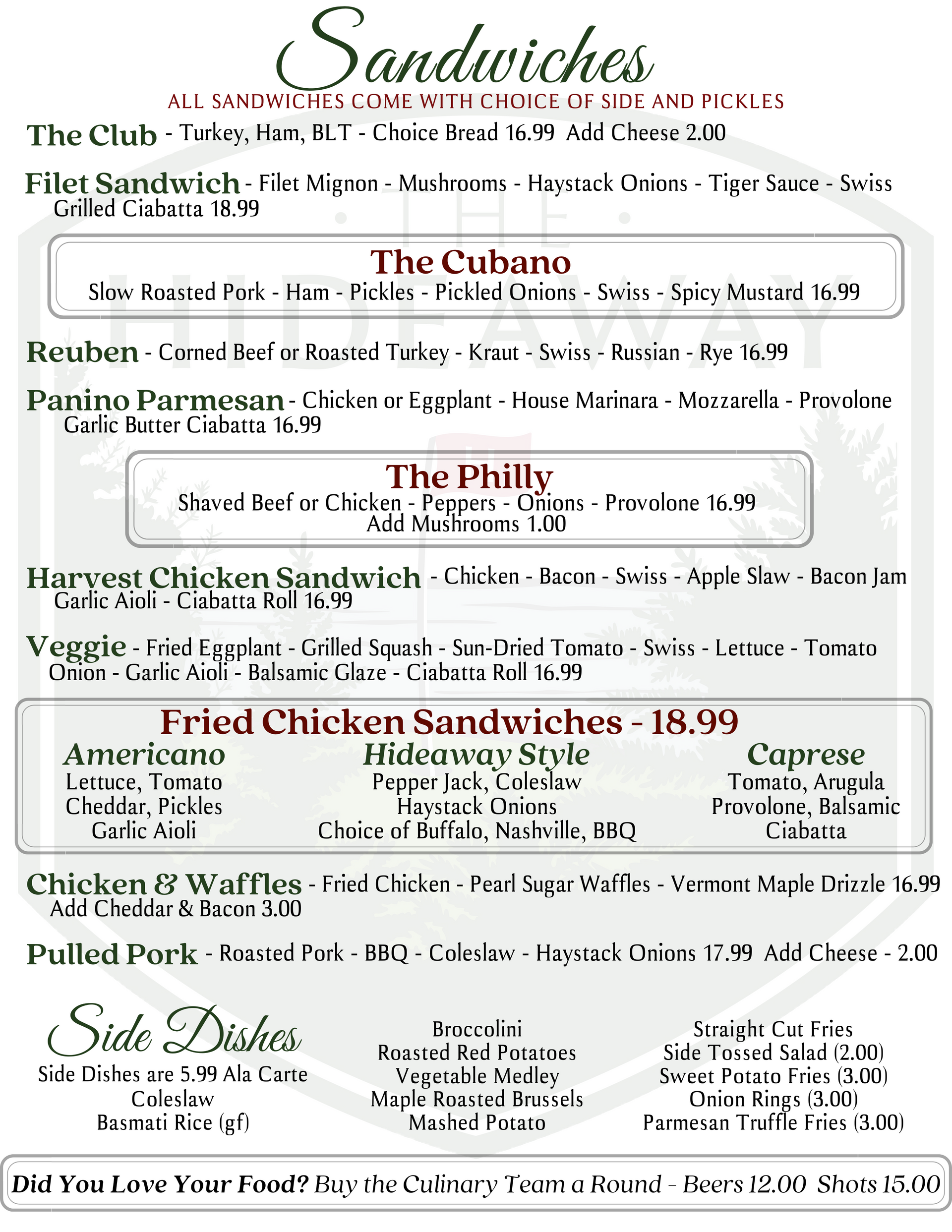 dinner Menu | The Hideaway