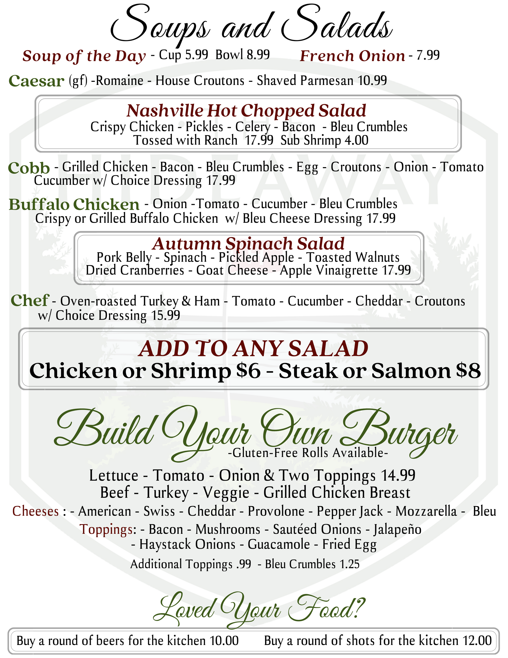 dinner Menu | The Hideaway
