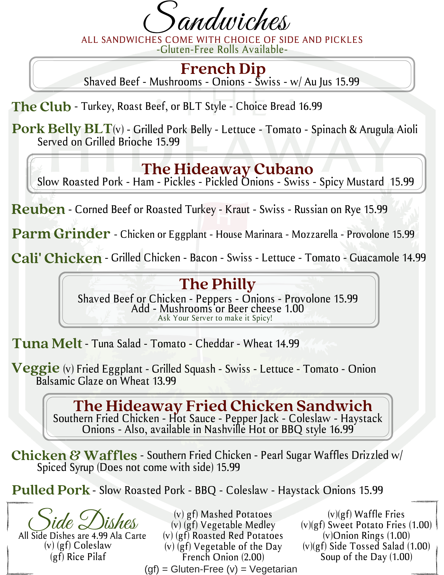 dinner Menu | The Hideaway