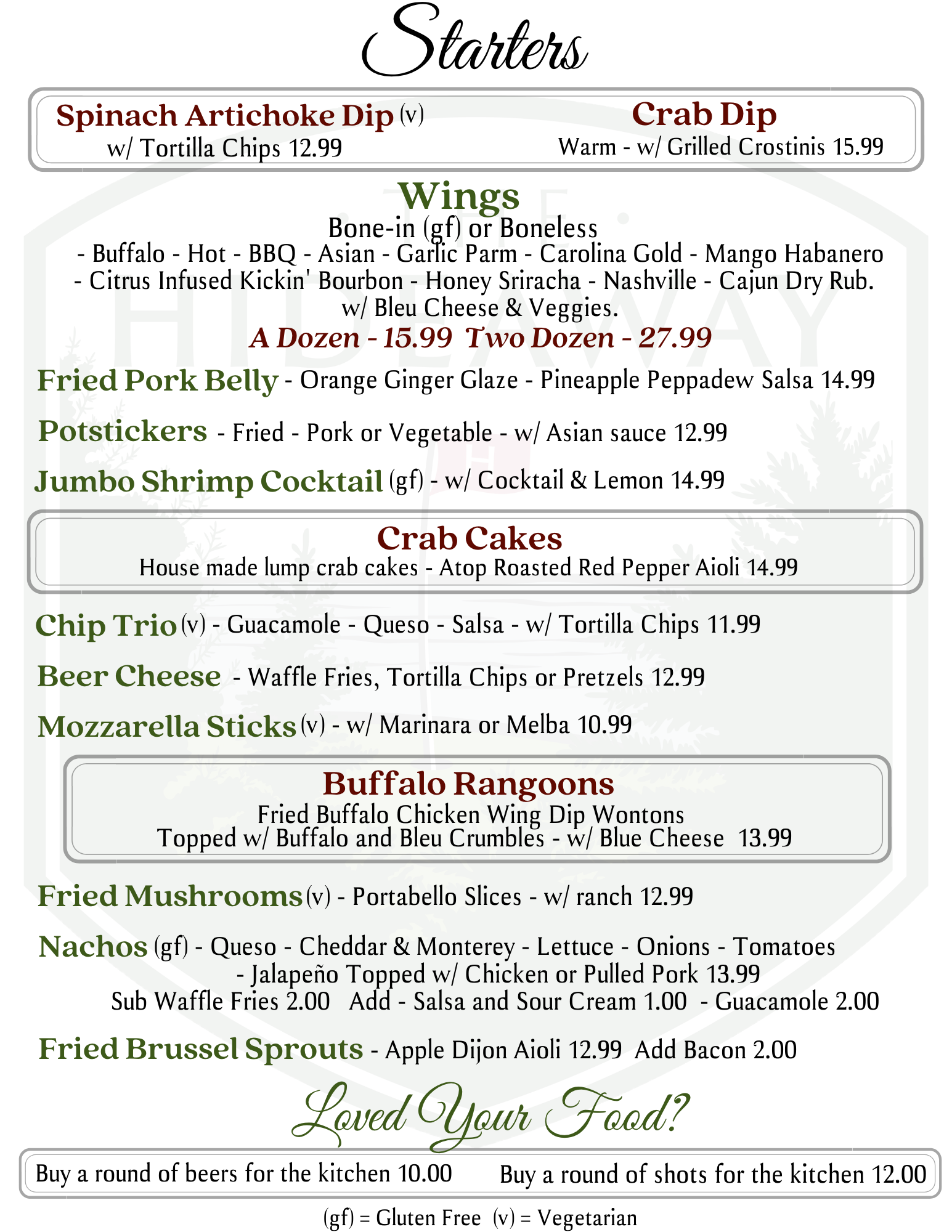 dinner Menu | The Hideaway