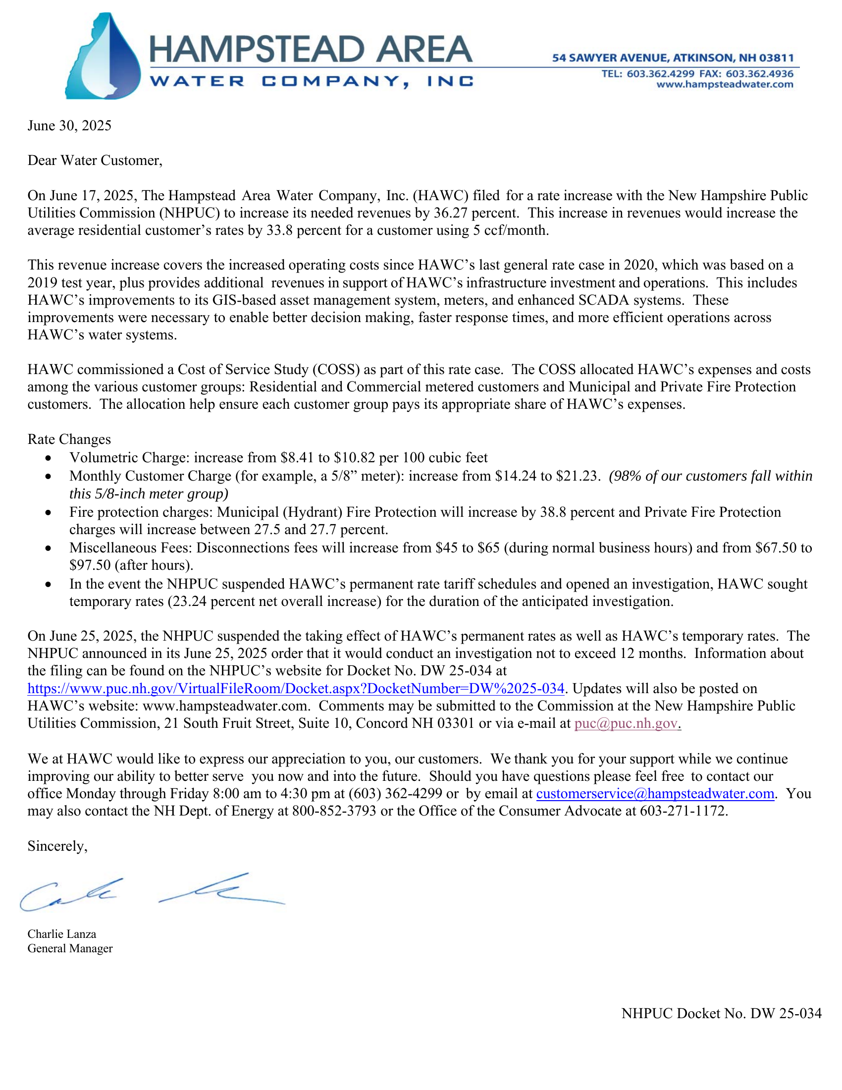 Notice of Proposed Water Rate Increase