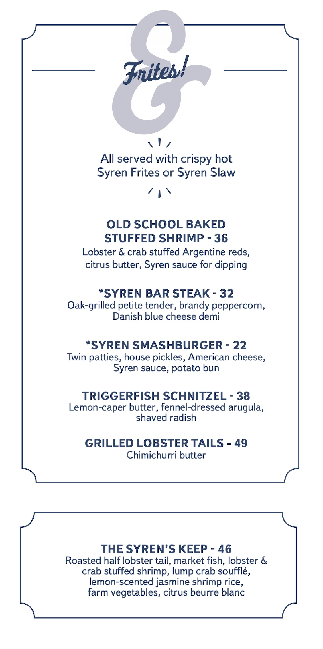 The Syren Oyster & Cocktail Bar - Menu