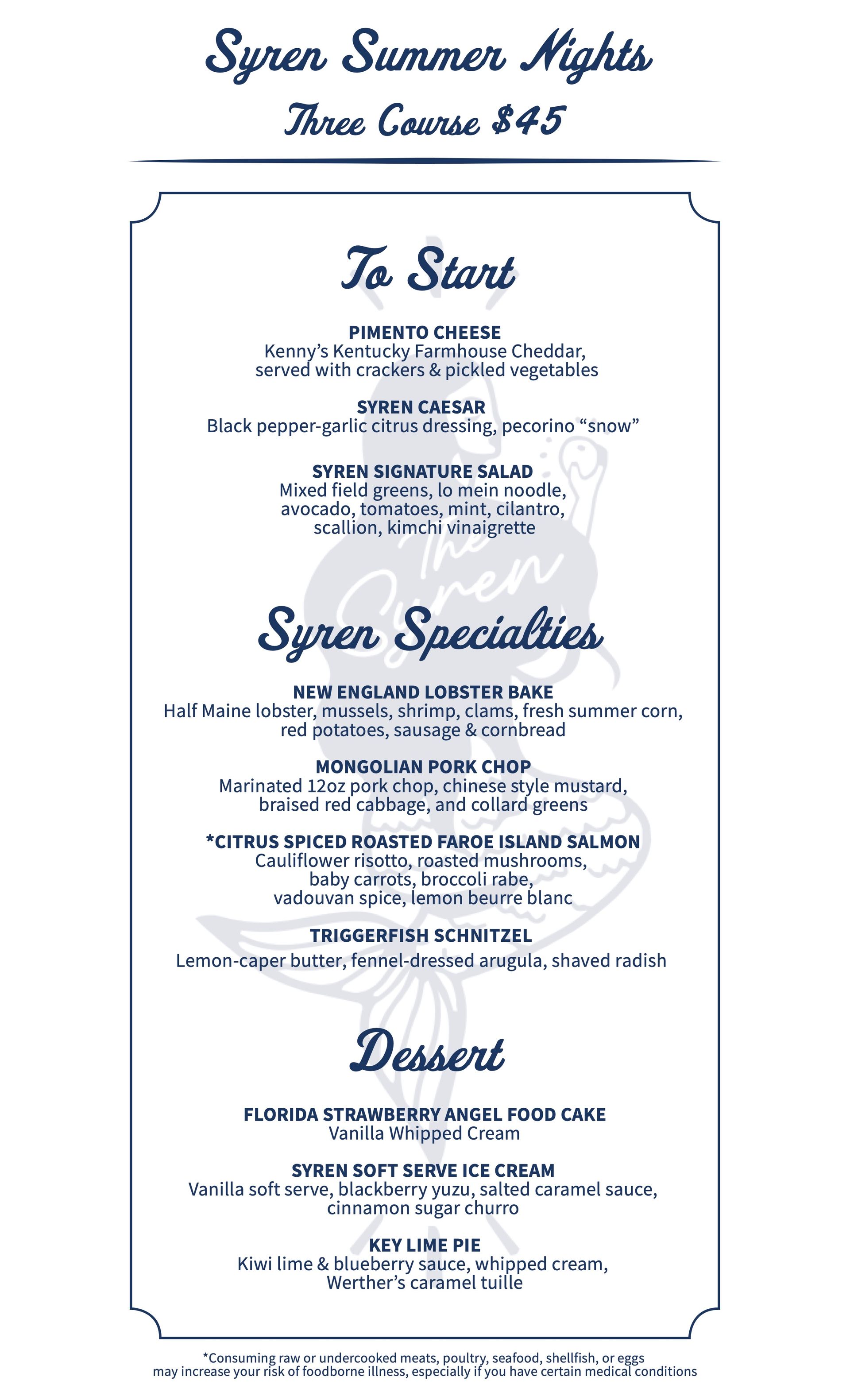 The Syren Oyster Bar - Menu
