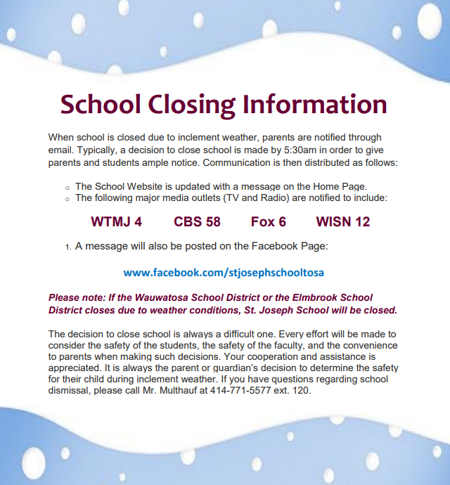 School Closing Procedure | St. Joseph School - Wauwatosa | Wauwatosa ...
