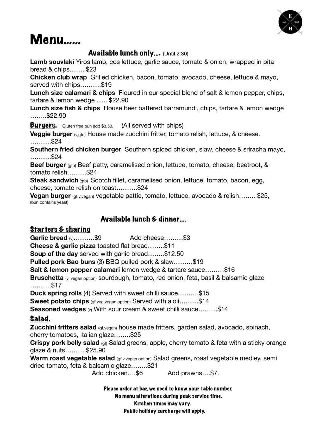 Menu | Exchange Hotel Horsham