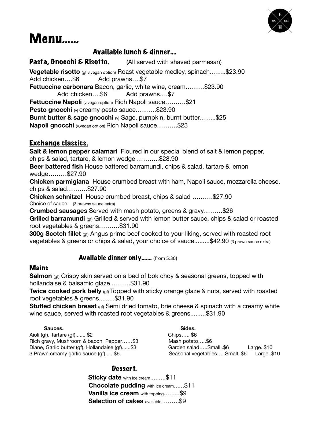 Menu | Exchange Hotel Horsham