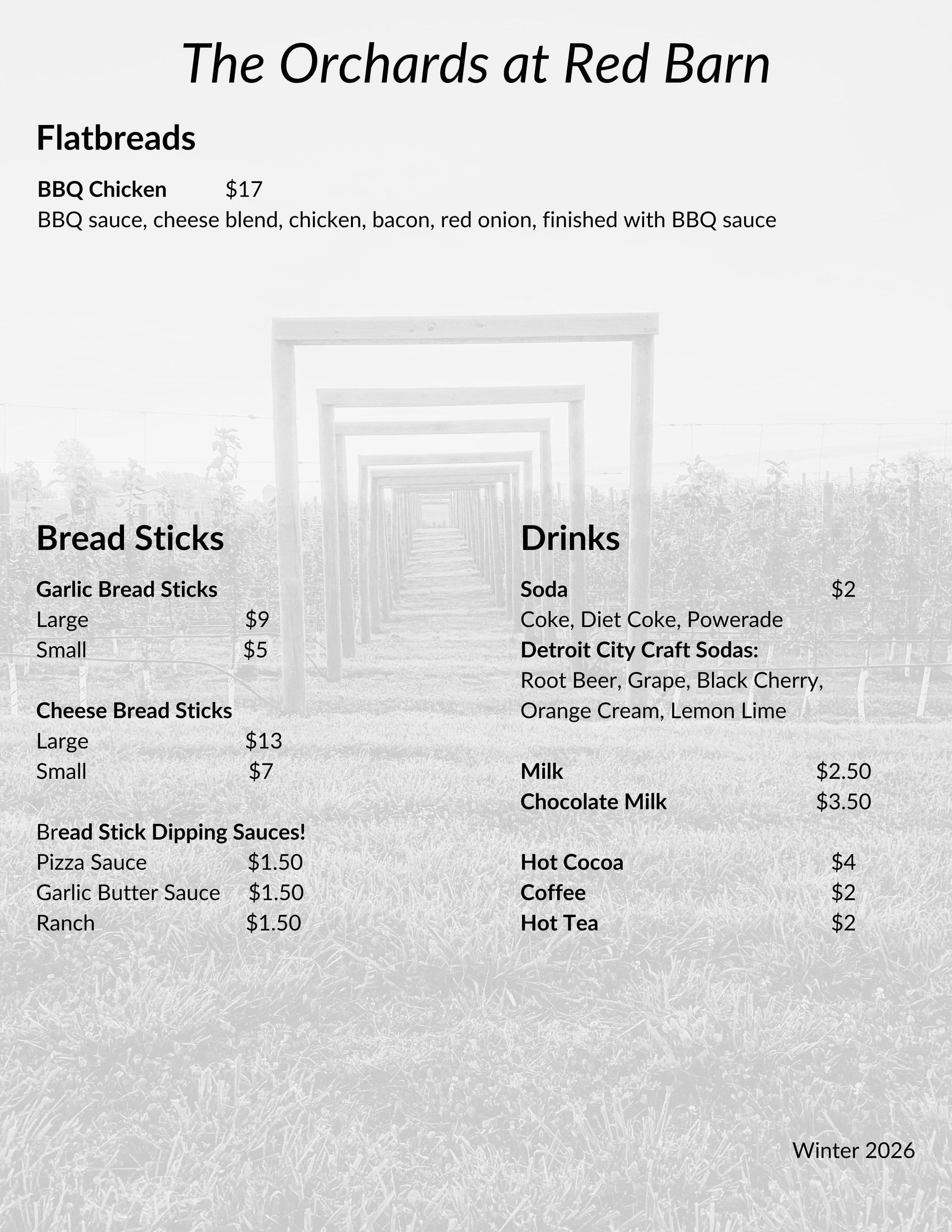 Menu | The Orchards at Red Barn