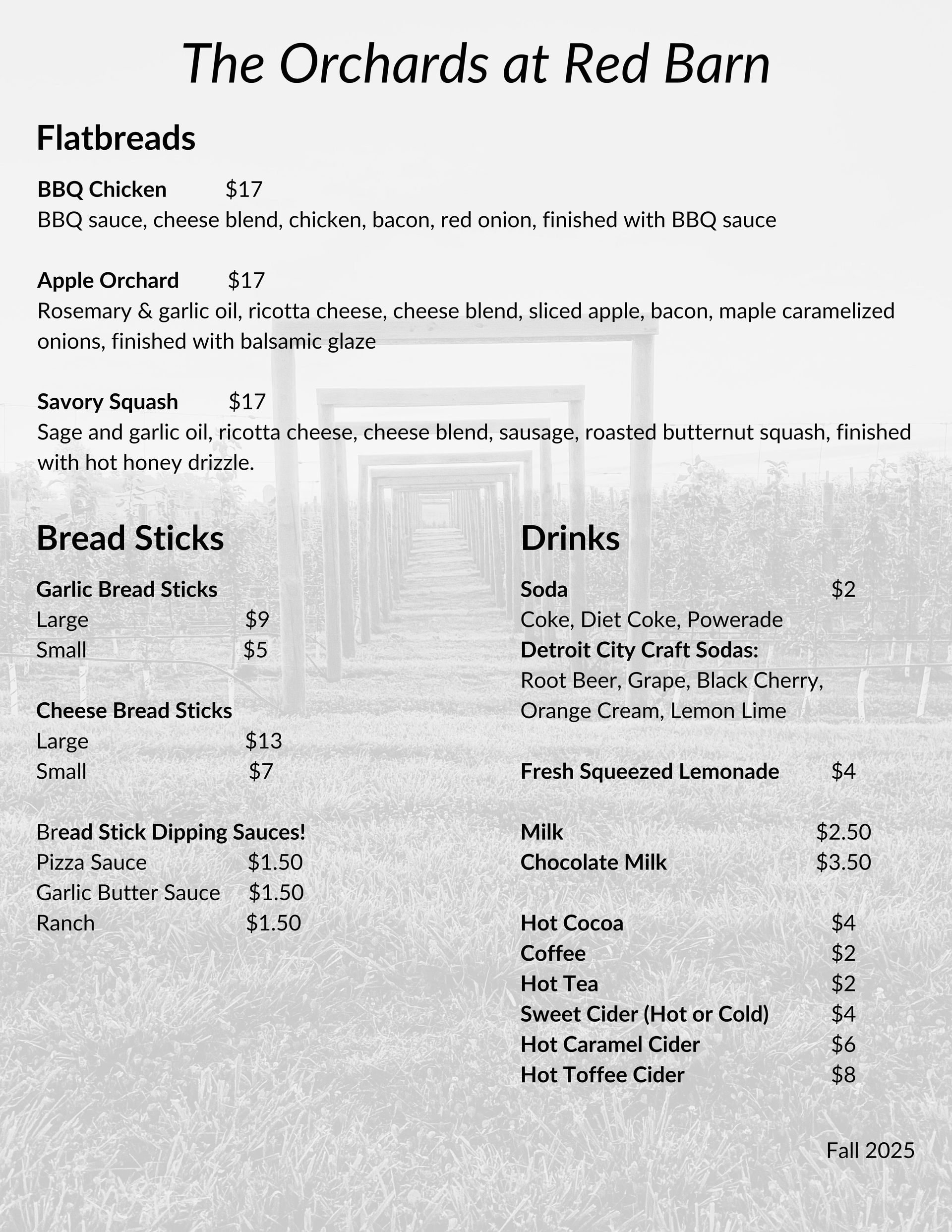 Menu | The Orchards at Red Barn