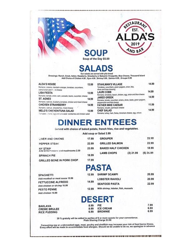 Aldas Diner Menu