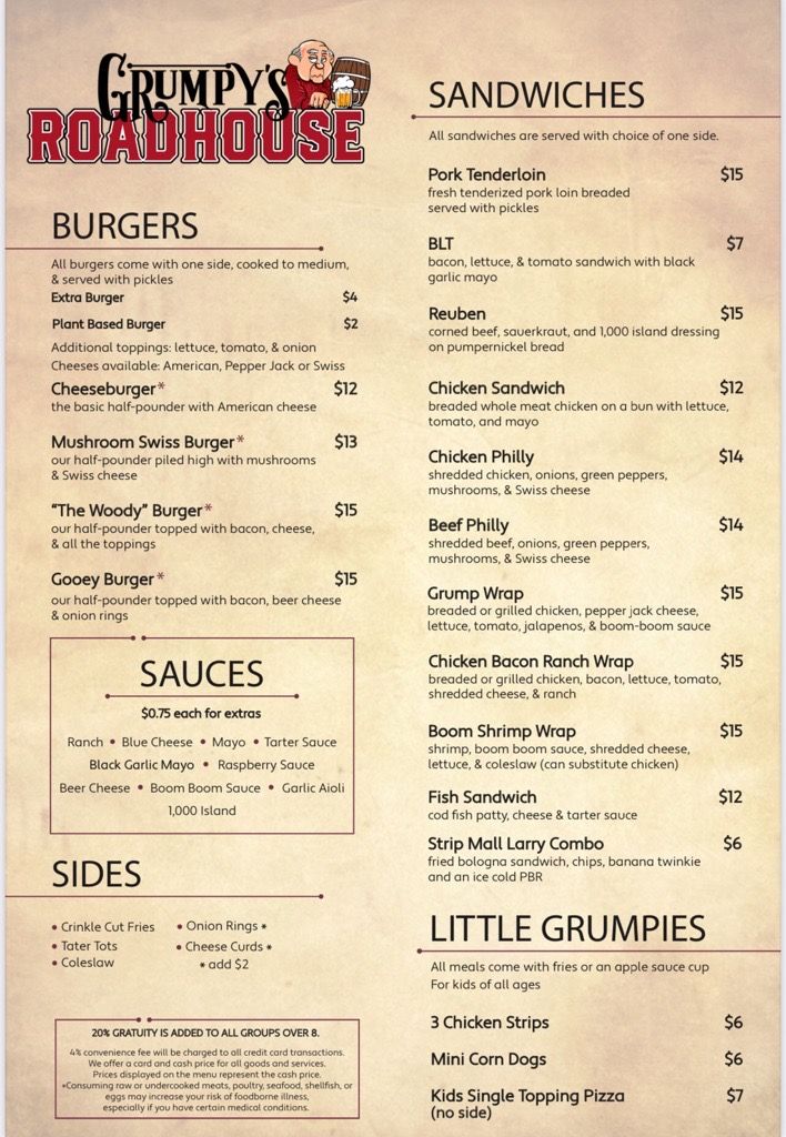 Restaurant Menu | Grumpy's Roadhouse | Waverly, IA