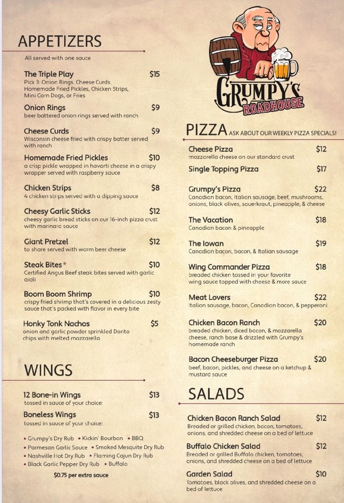Restaurant Menu | Grumpy's Roadhouse | Waverly, IA