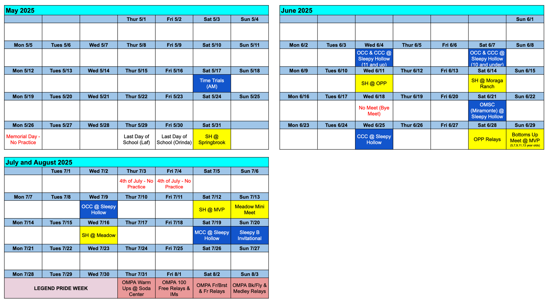 Swim Team Calendar