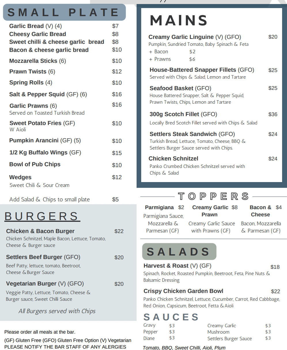 Food and Drink Options | Settlers Arms Dungog