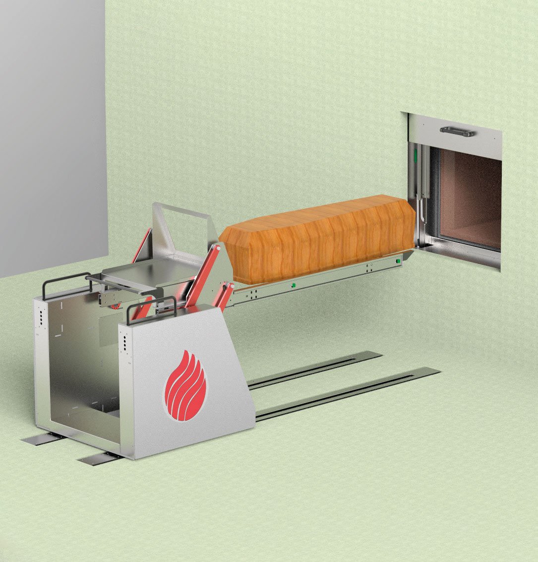 Coffin loader forklift trolley on rail | Vezzani Cremation