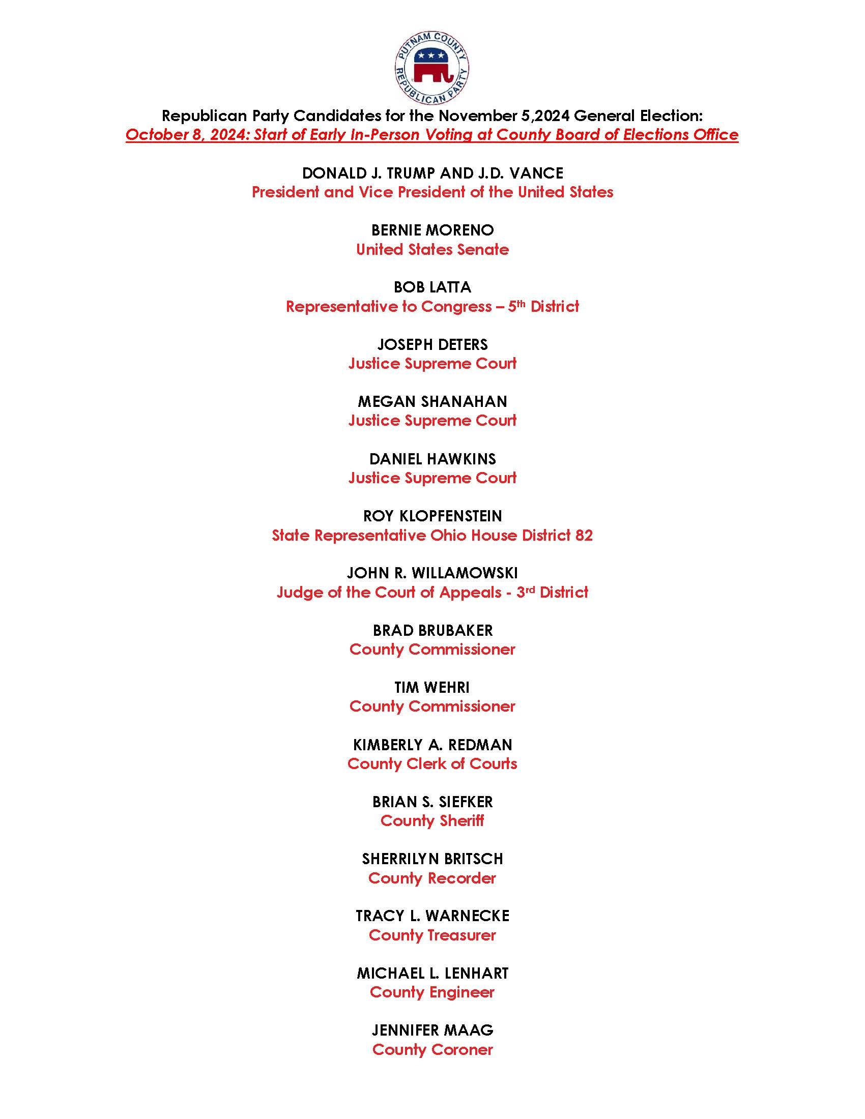 2024 November General Election Republican Slate Card