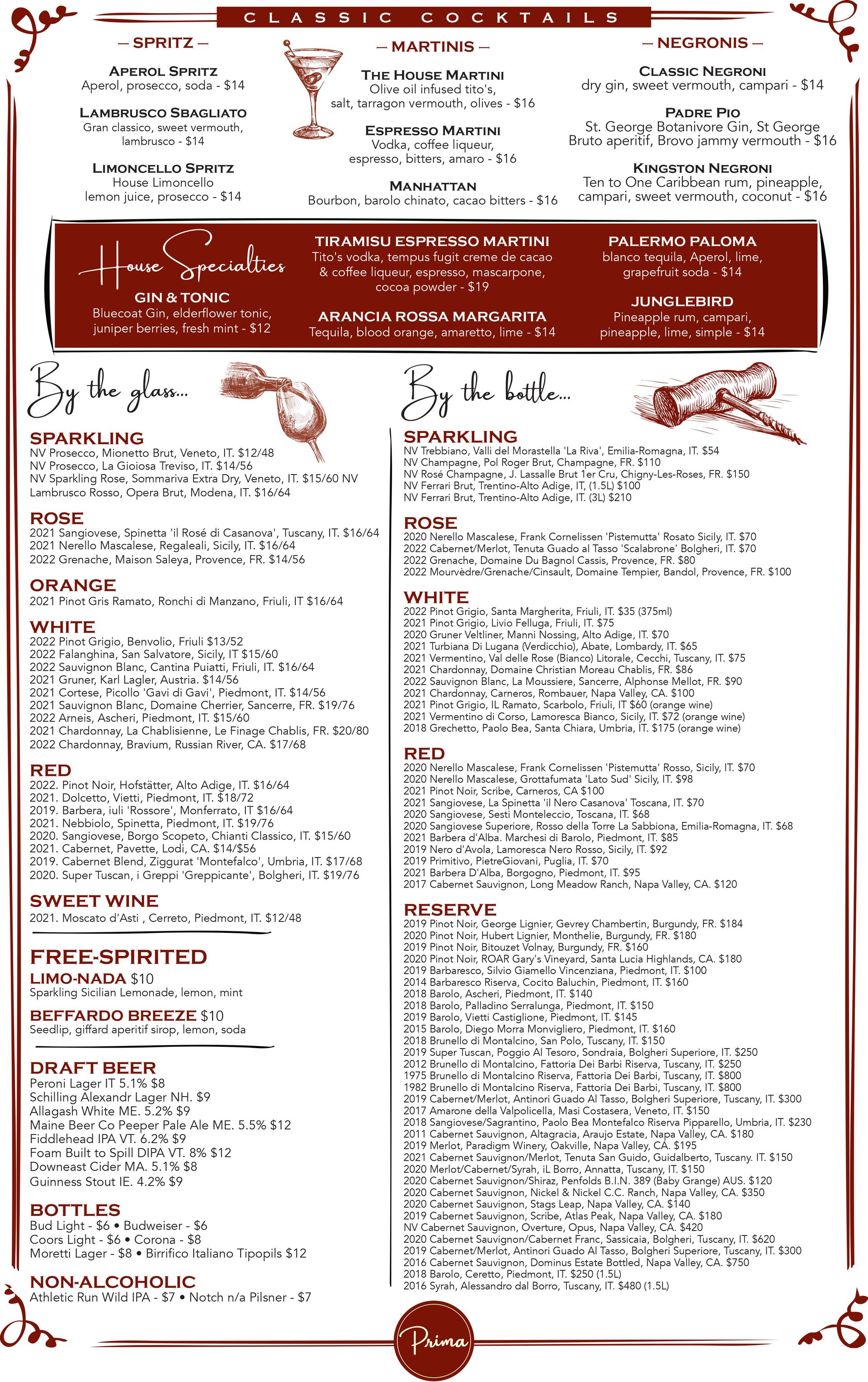 Our Dinner Menu - Prima Boston Italian Steakhouse