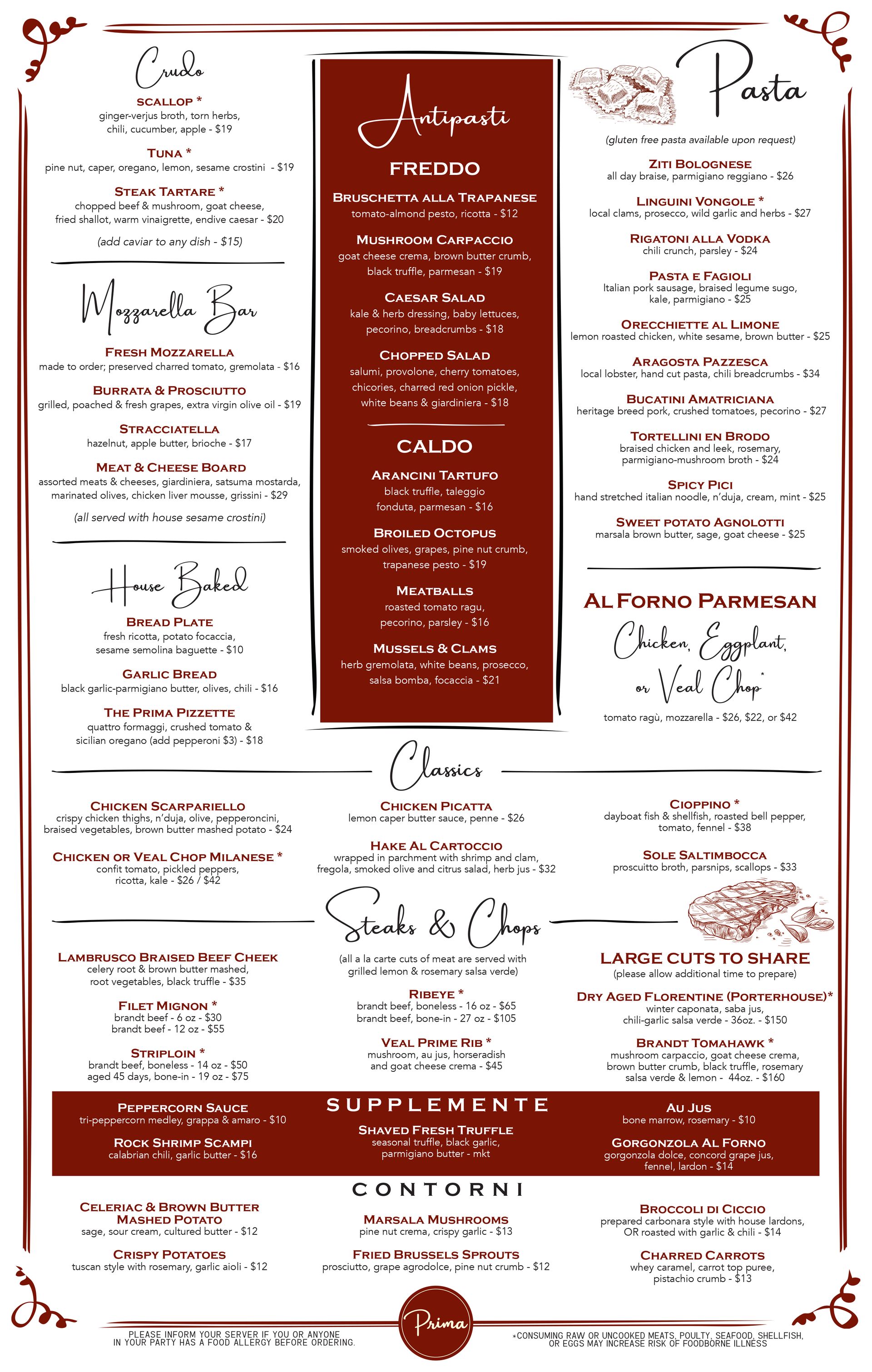 Our Dinner Menu - Prima Boston Italian Steakhouse