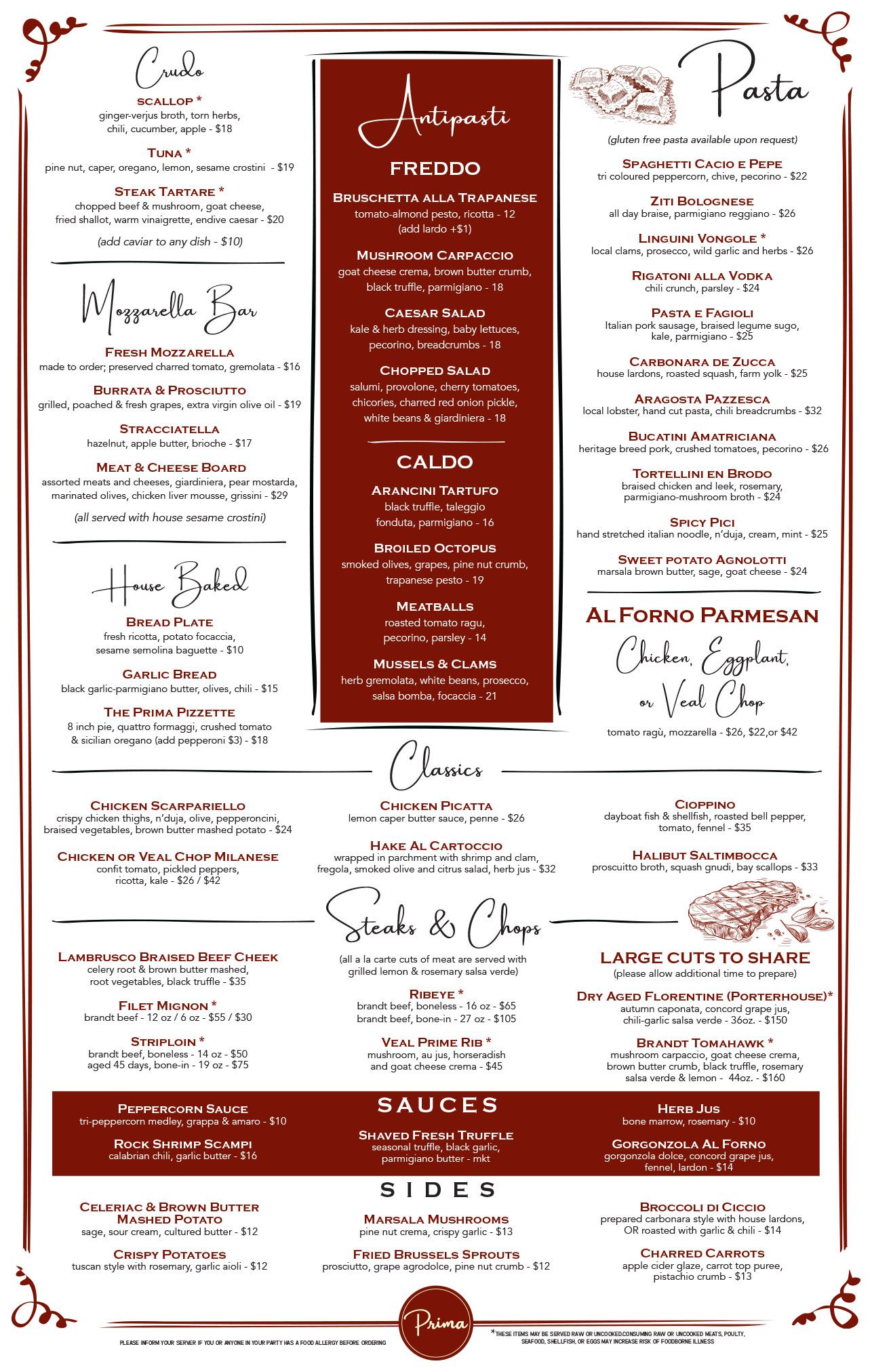 Our Dinner Menu - Prima Boston Italian Steakhouse