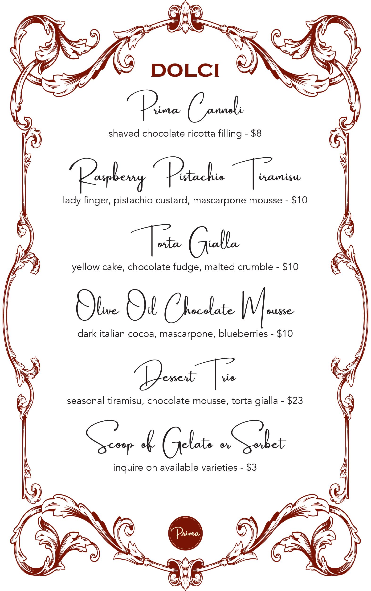Our Dessert Menu - Prima Italian Steakhouse