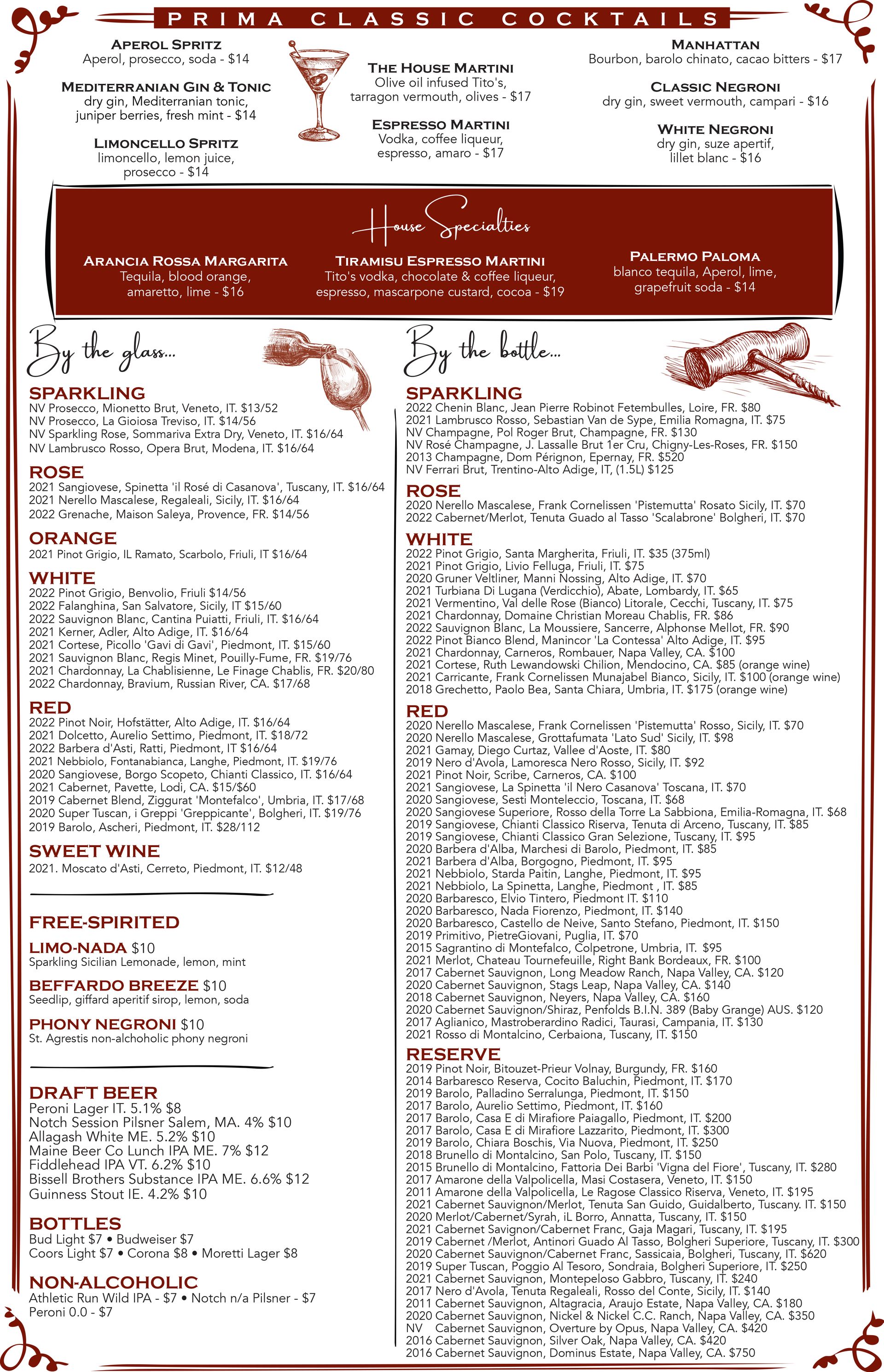 Our Dinner Menu - Prima Boston Italian Steakhouse