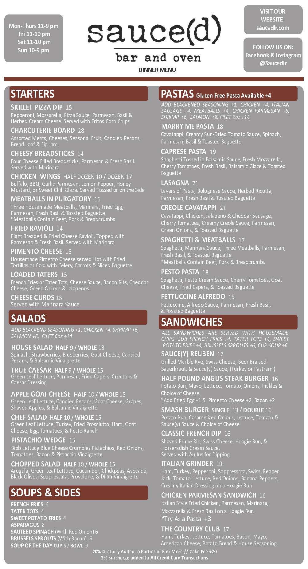 Dinner Menu | Sauced Bar & Oven | Gourmet Pizza