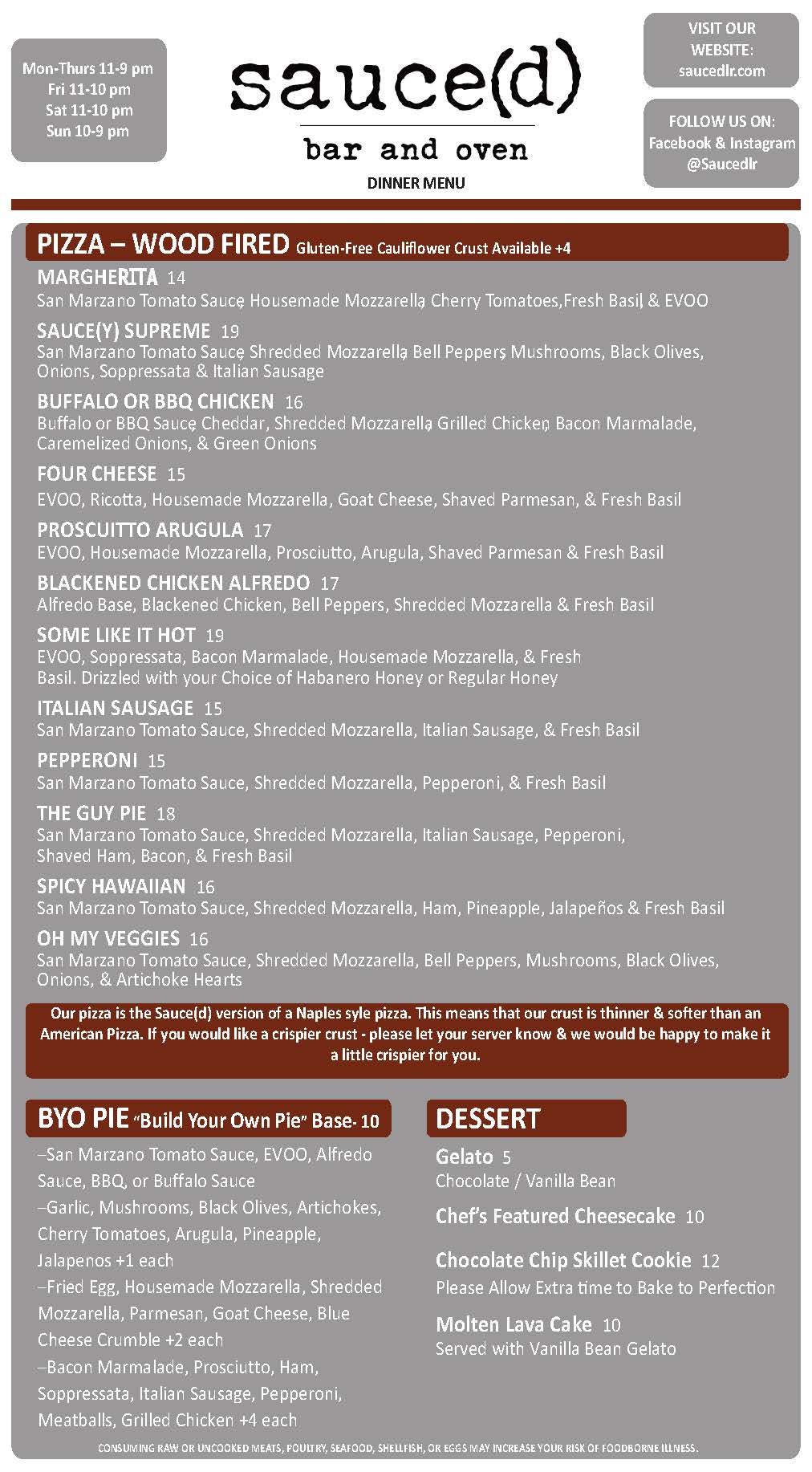 Dinner Menu | Sauced Bar & Oven | Gourmet Pizza