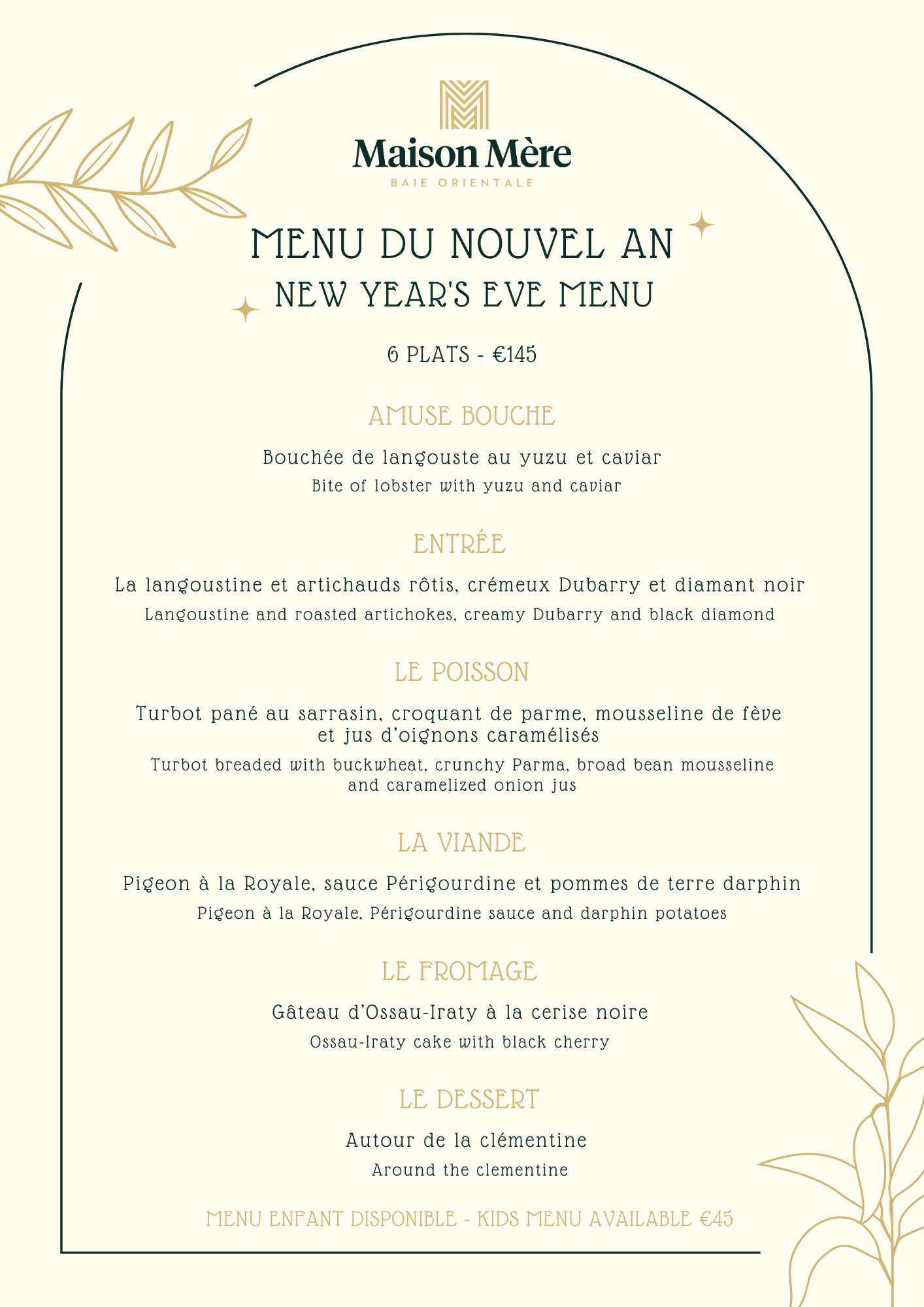 New Years's Eve menu I Maison Mère restaurant