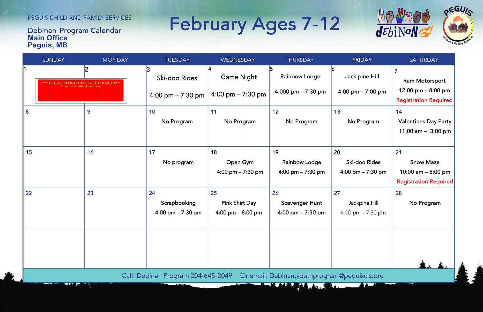 Debinan Youth Program, Peguis, Ages 7-12, February 2026 Calendar