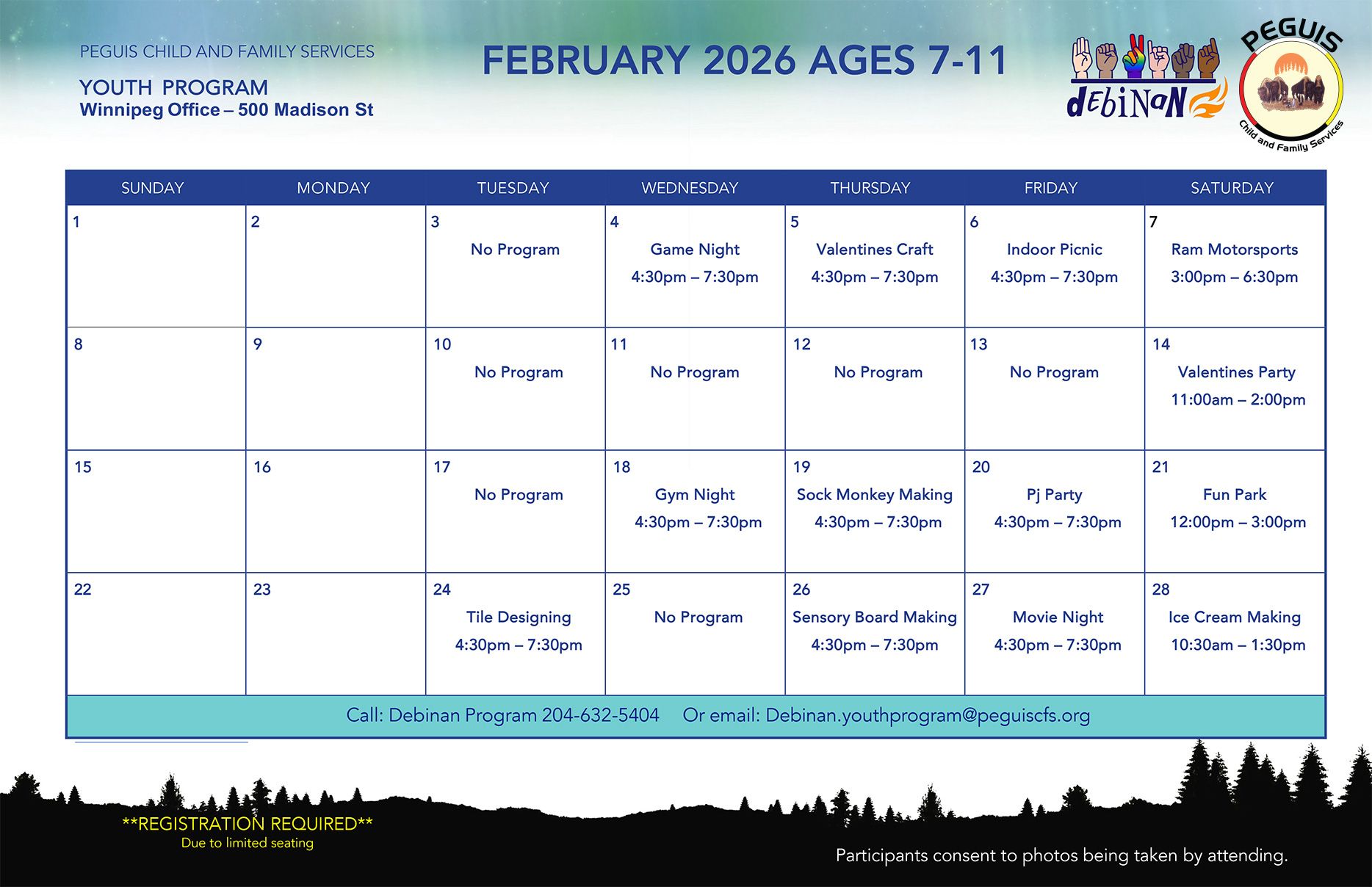 Debinan Youth Program, Winnipeg, Ages 7-11, February 2026 Calendar