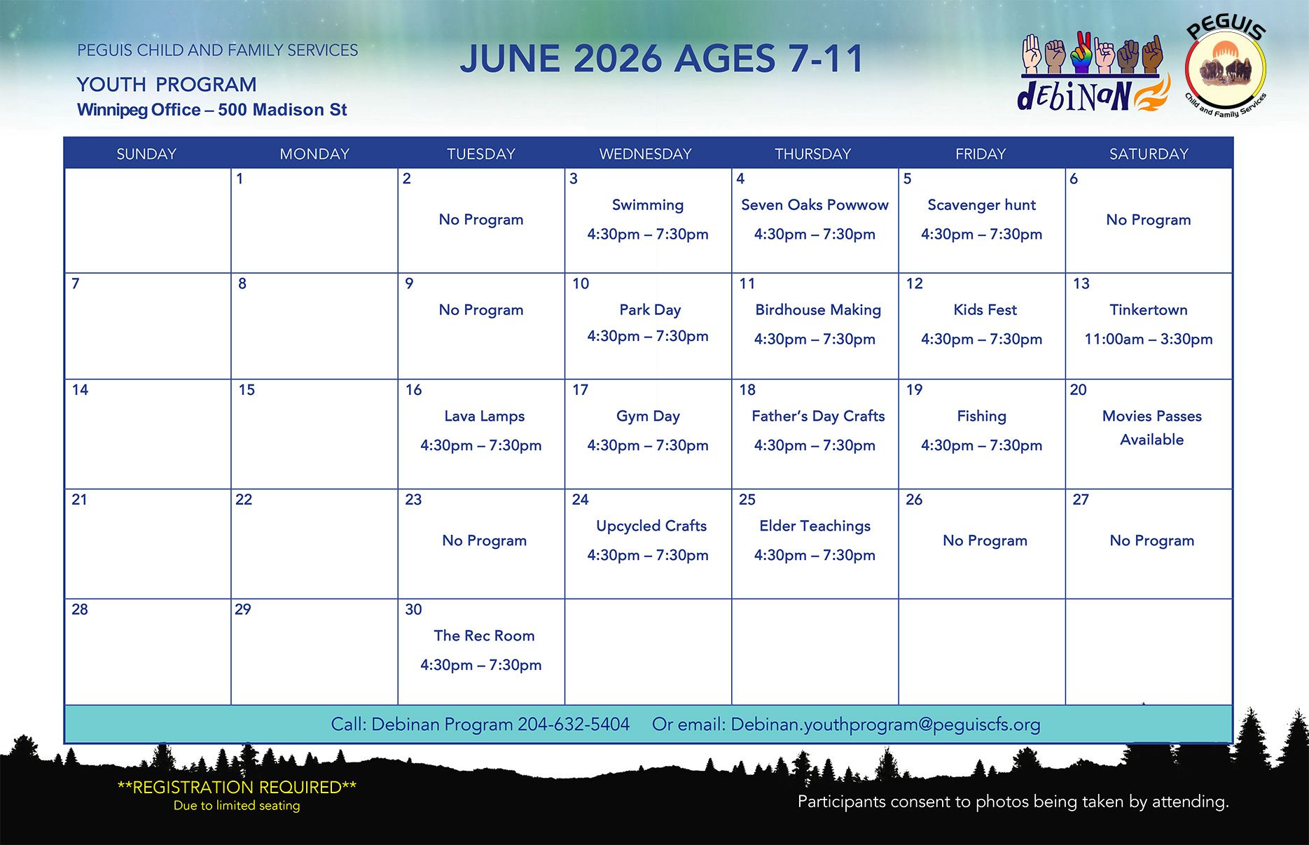 Debinan Youth Program, Winnipeg - Ages 7-11, June 2026 Calendar