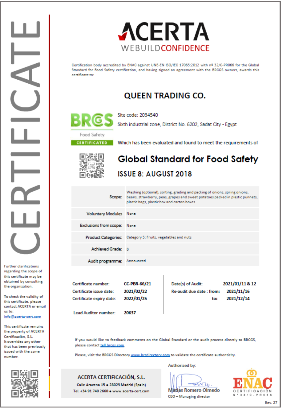 Certification | Download Certificate GLOBAL G.A.P. | Queen Fresh Produce