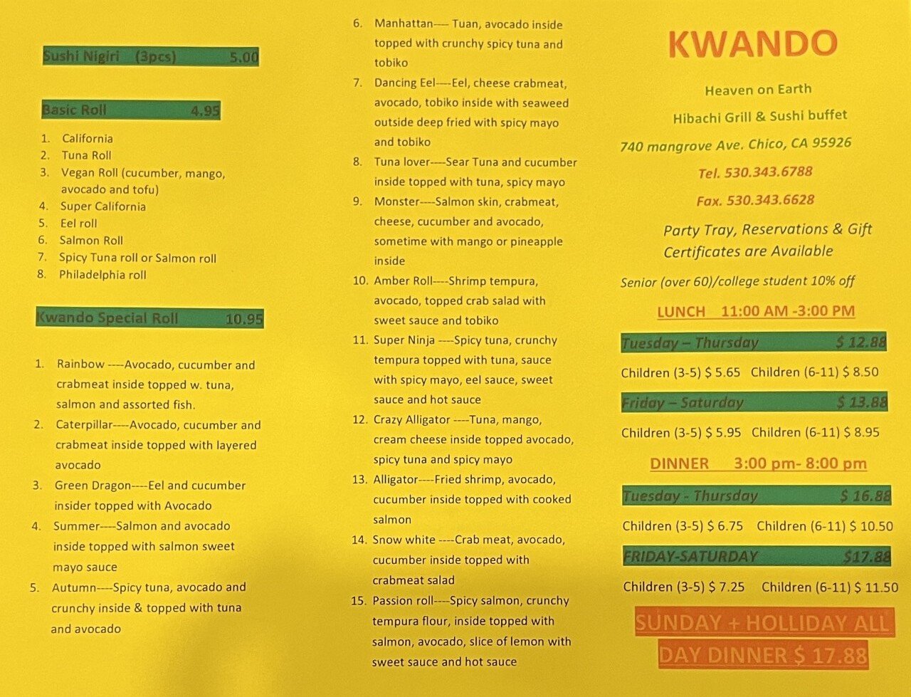 Menu |Chico, CA| Kwando Buffet