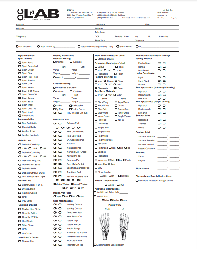 OC Orthotic Labs Business and Order Forms