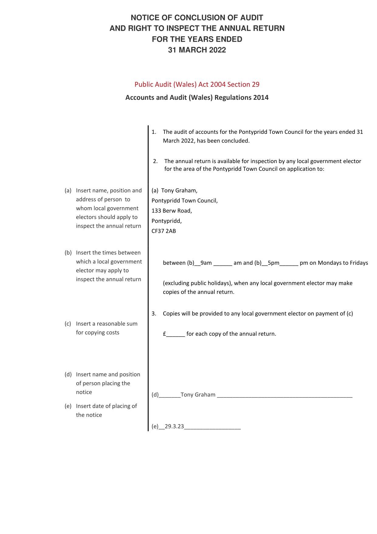 Notice of Conclusion of Audit and right to Inspect the Annual Return ...