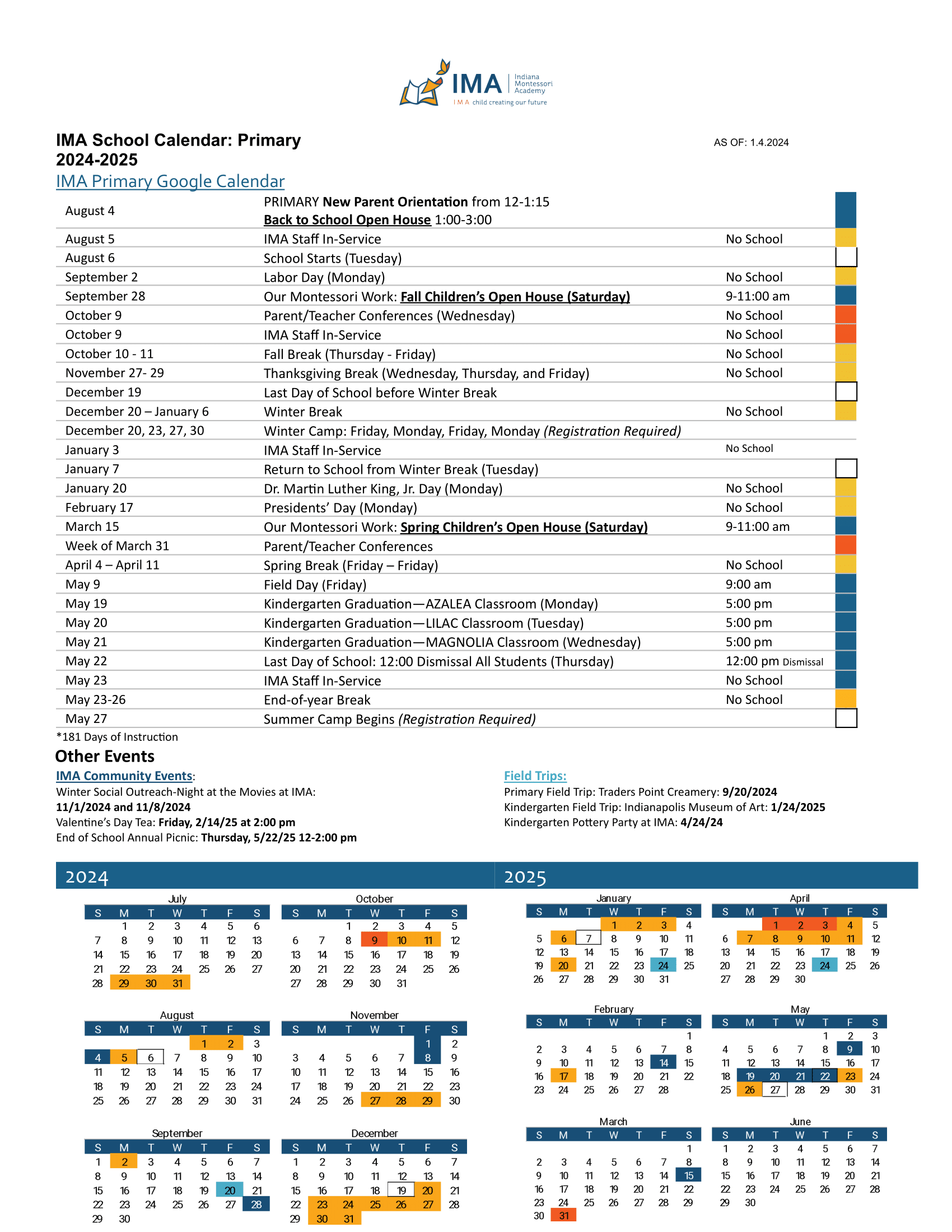 Calendar | Indiana Montessori Academy | Carmel, IN