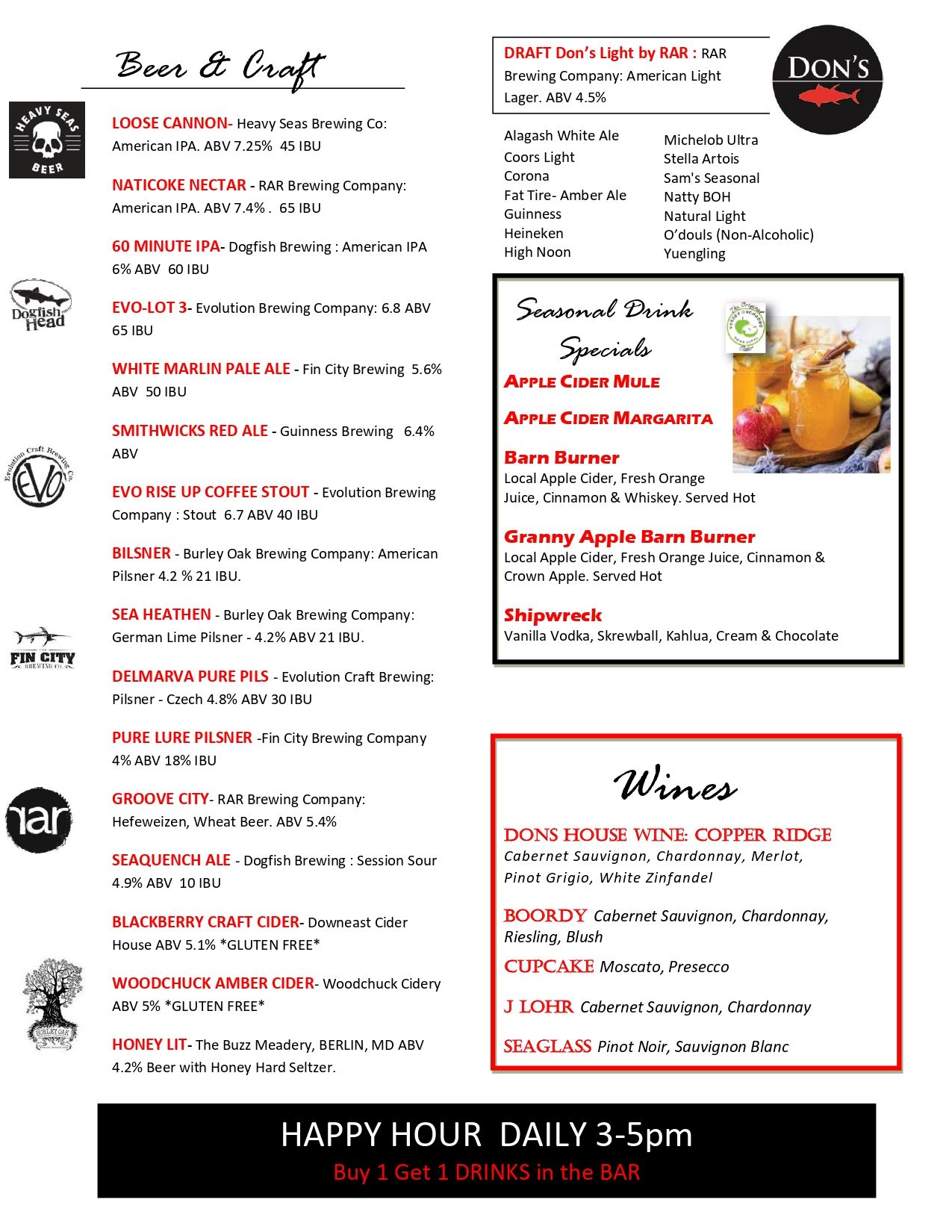 Beer Menu – Ocean Pines, MD – Don’s Seafood & Chophouse
