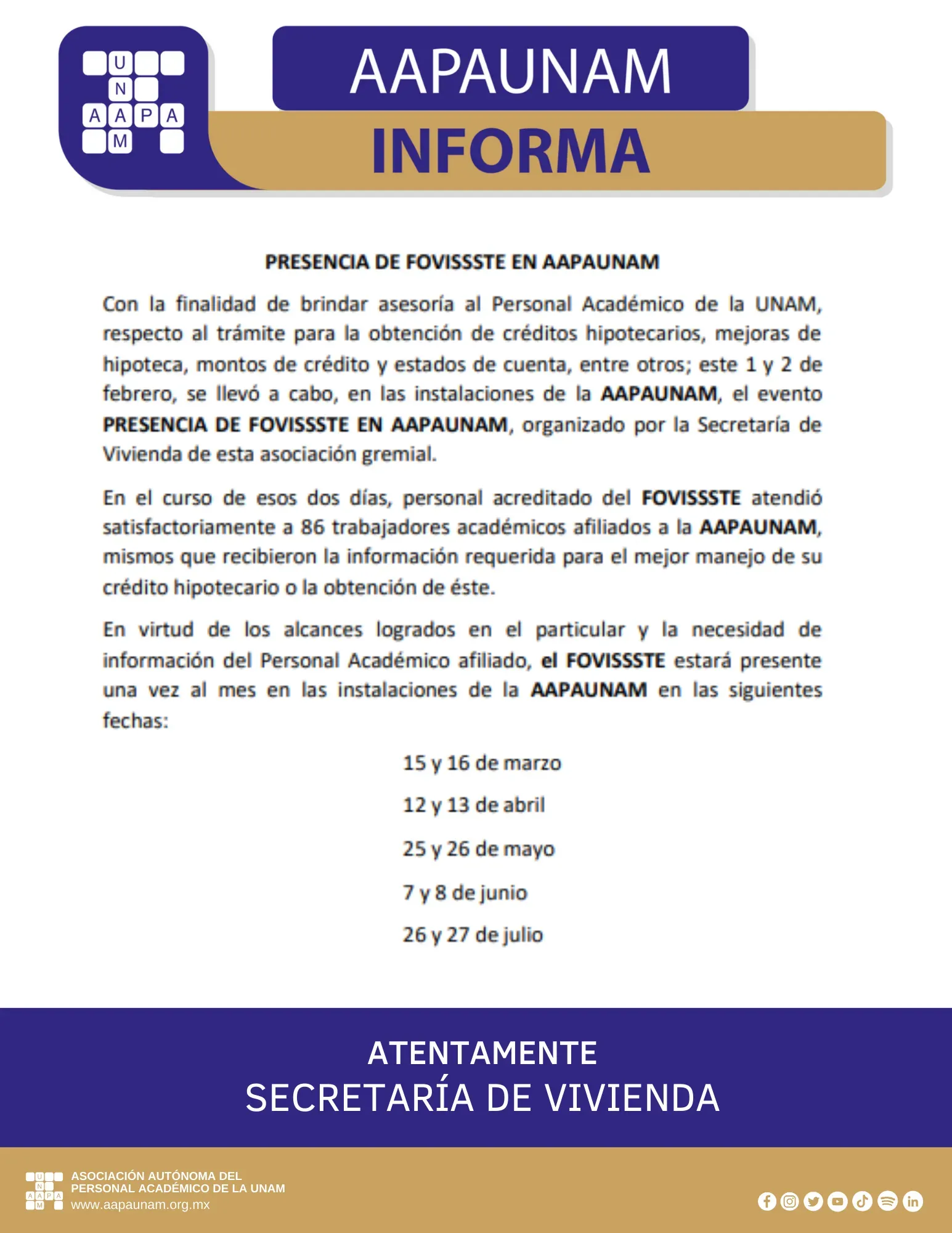 Nota Informativa | Presencia de FOVISSSTE en AAPAUNAM