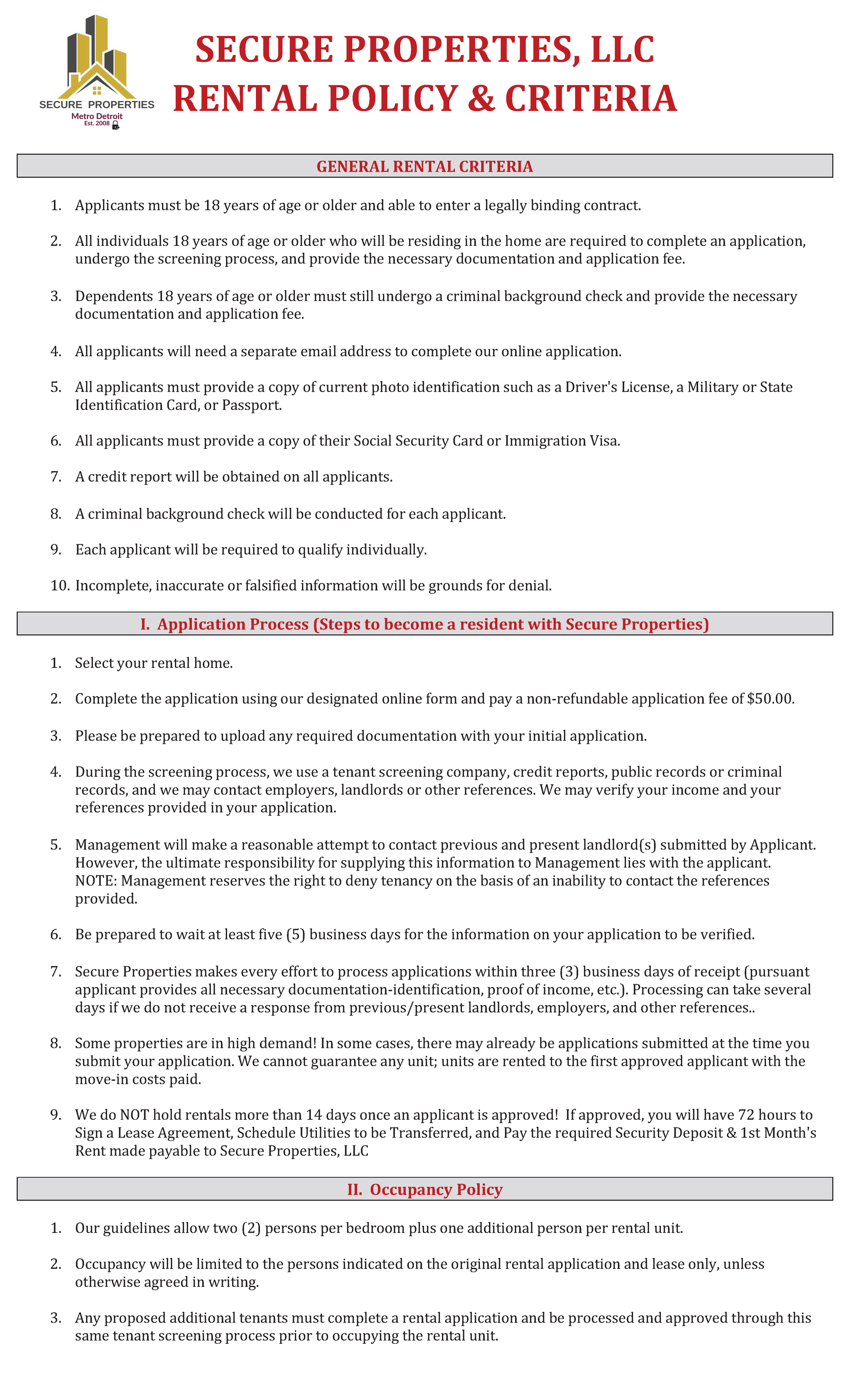 Rental Criteria - Secure Properties, LLC