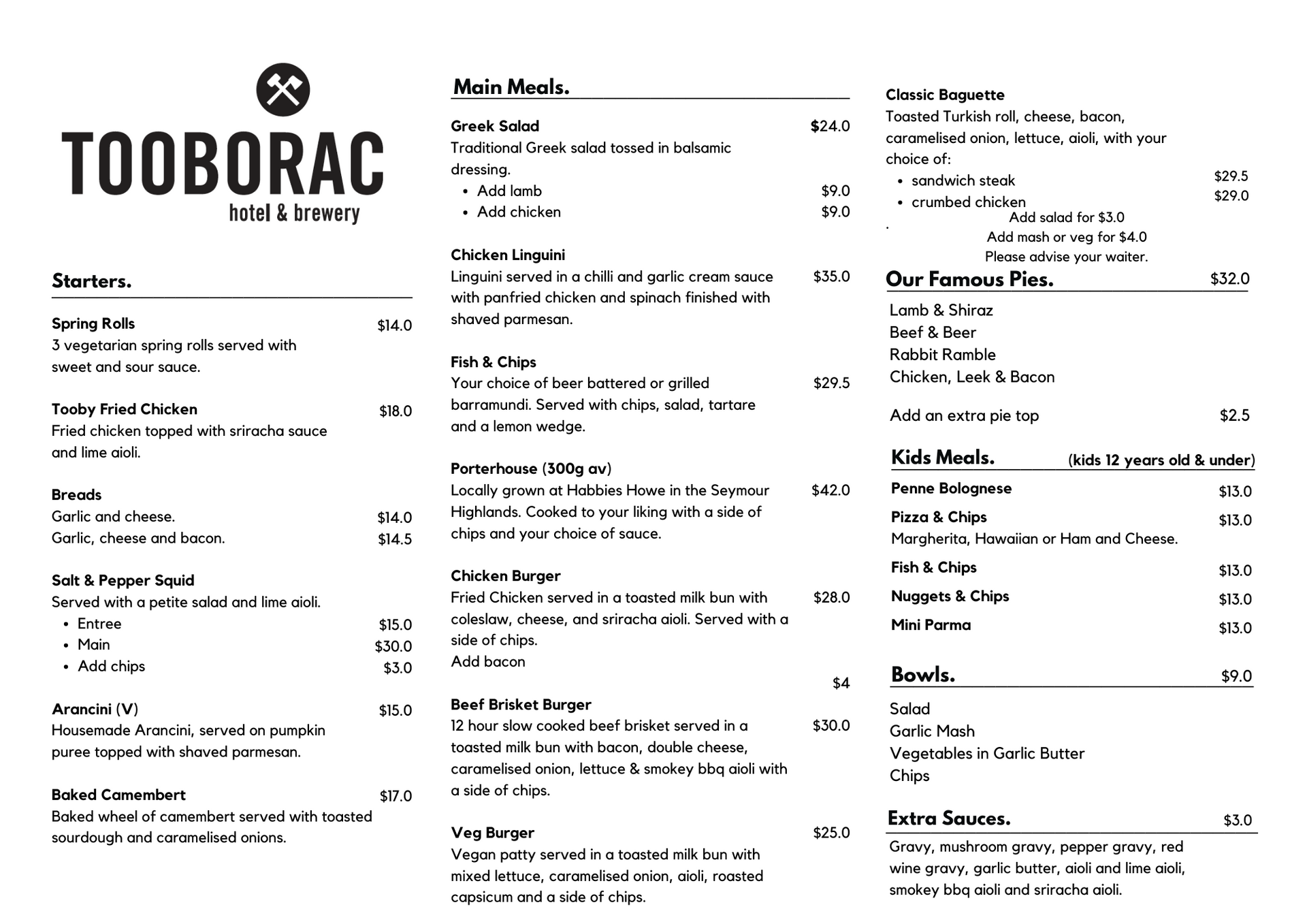 Menu | TOOBORAC HOTEL & BREWERY